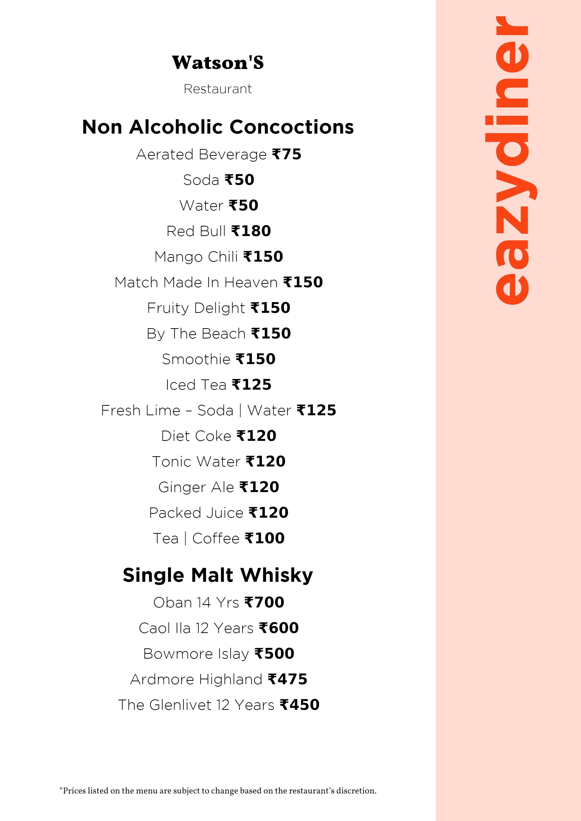 Menu of Watson's, Indiranagar, East Bengaluru