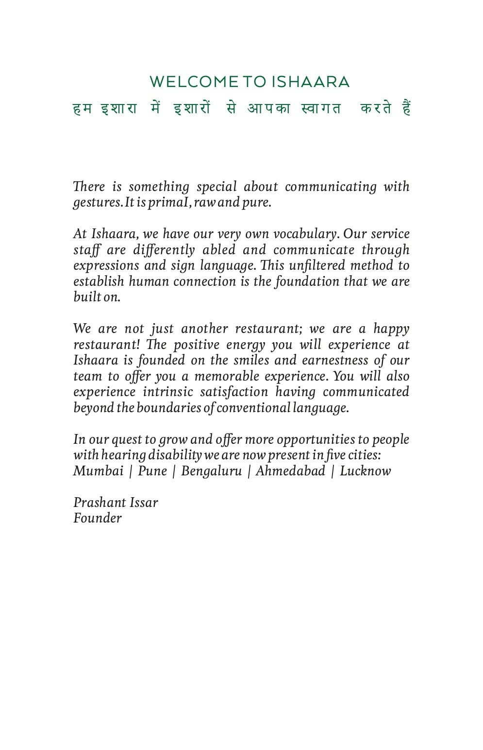 Menu of Ishaara, Lower Parel, South Mumbai