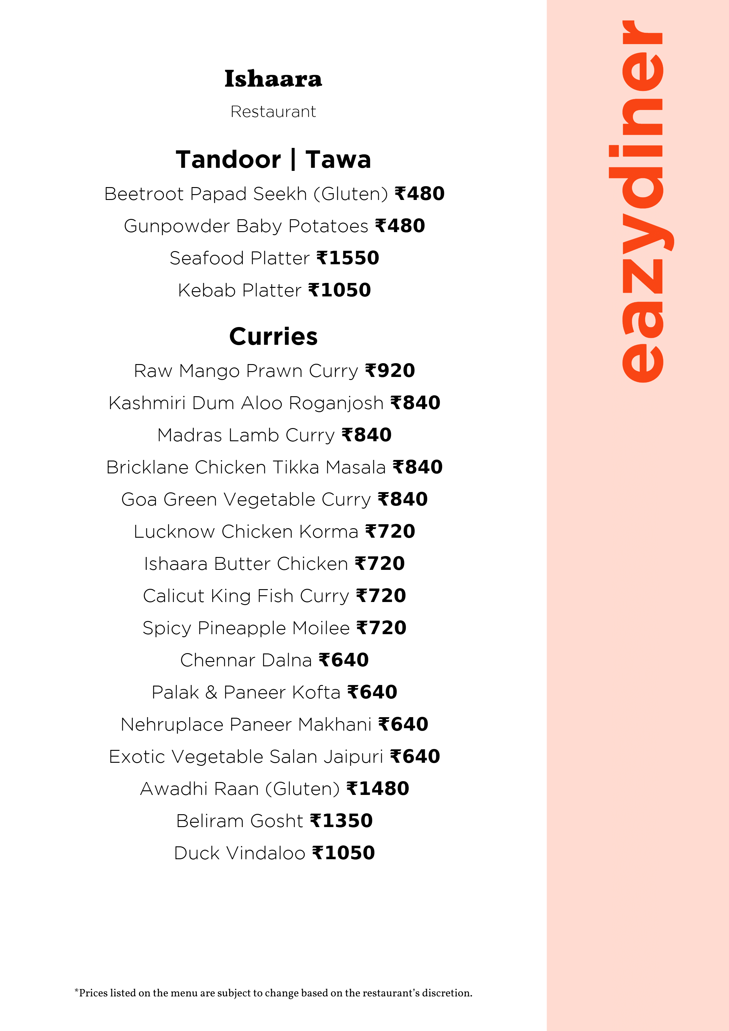 Menu of Ishaara, Lower Parel, South Mumbai