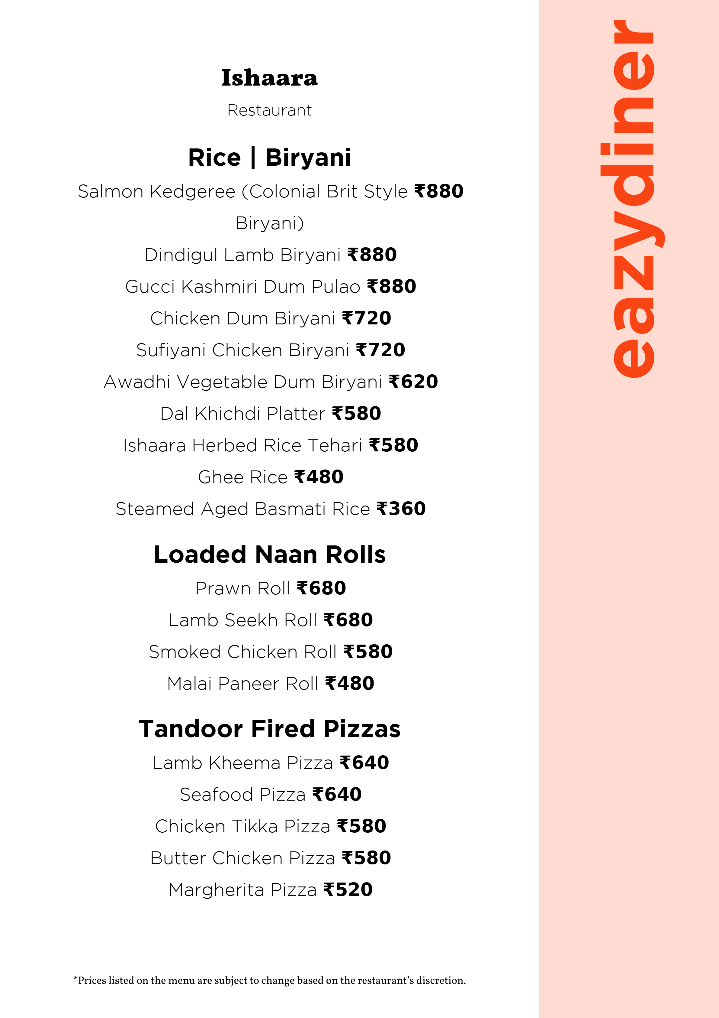 Menu of Ishaara, Lower Parel, South Mumbai