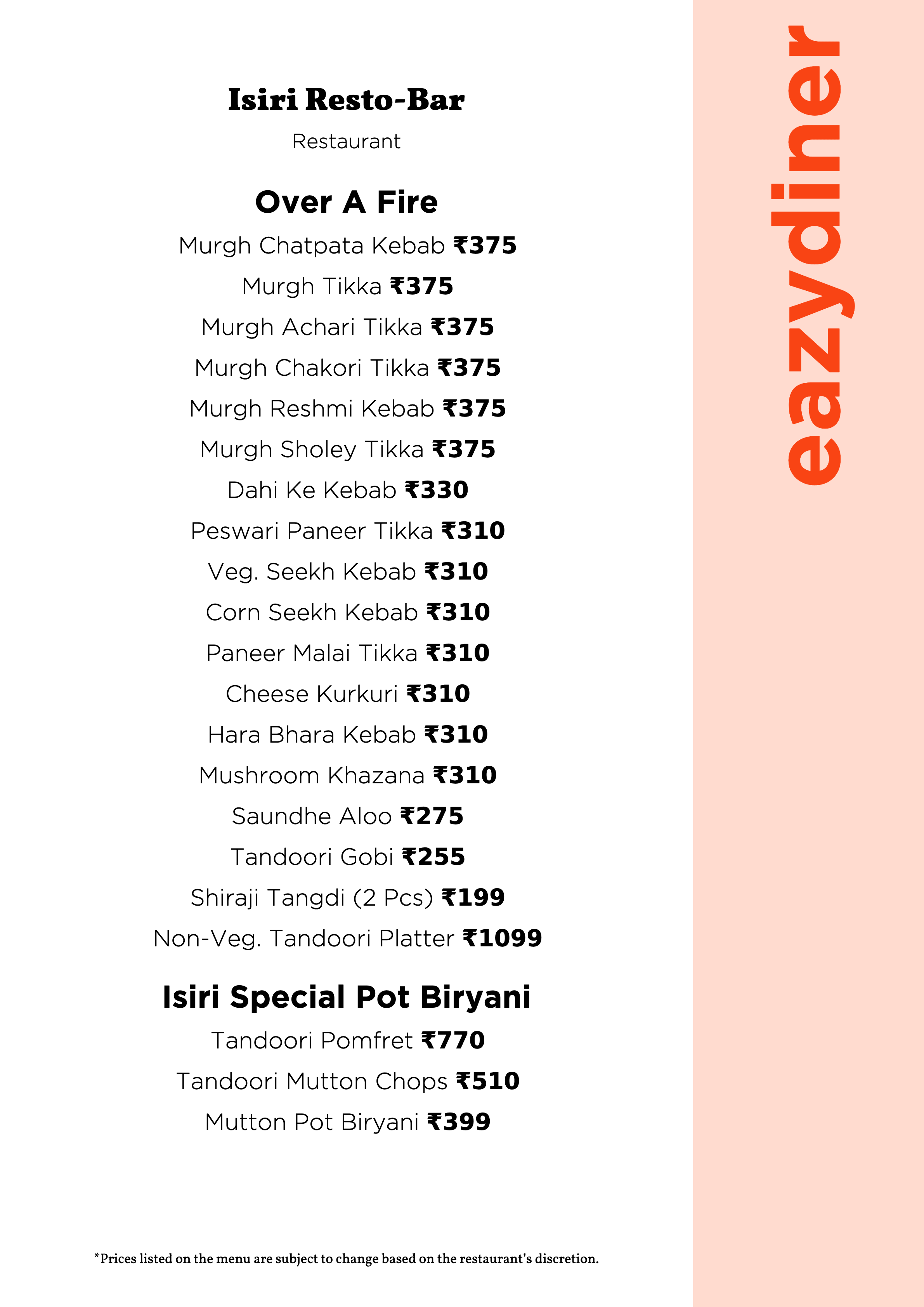 Menu of Isiri Resto-Bar, Marathahalli, East Bengaluru