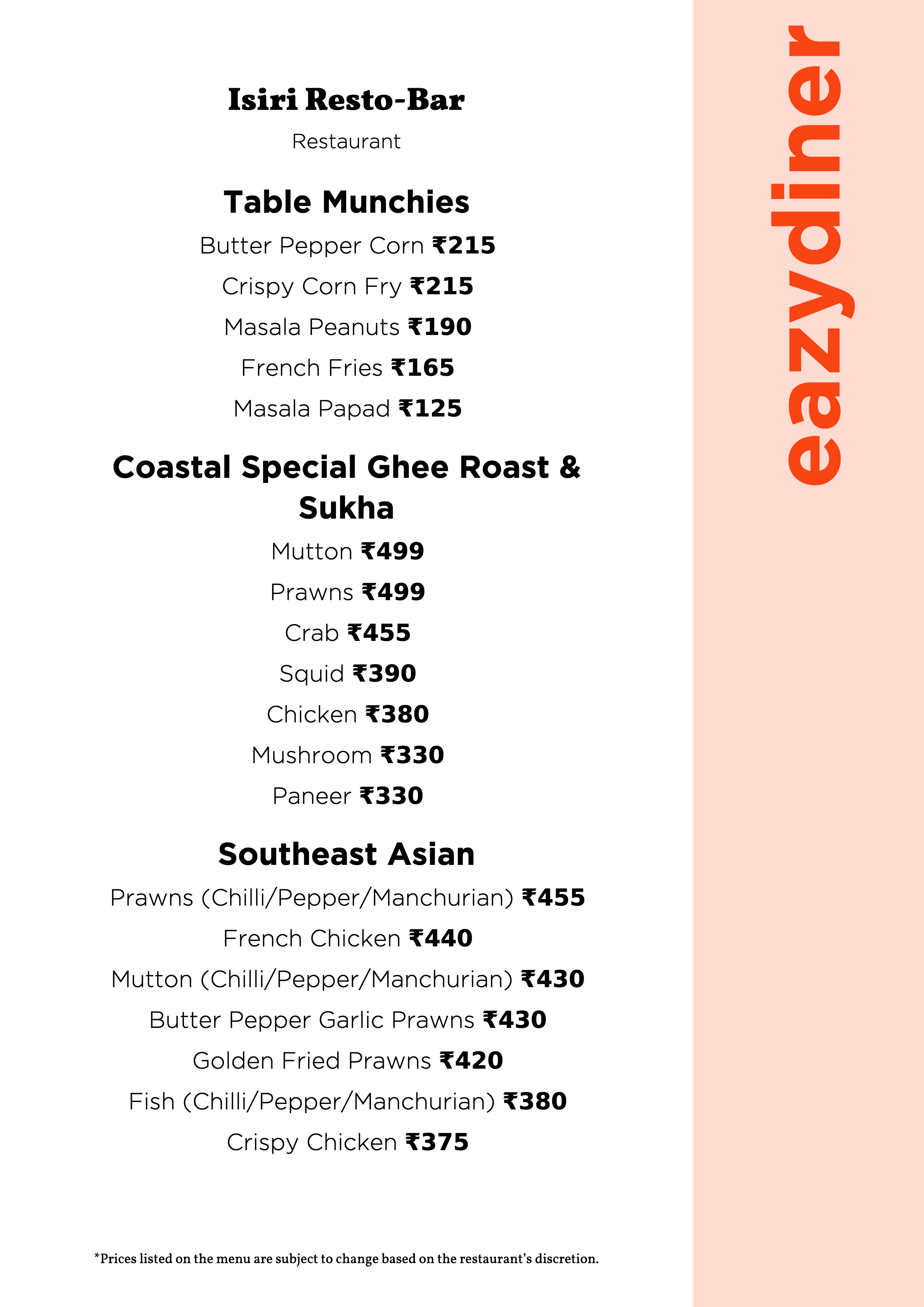 Menu of Isiri Resto-Bar, Marathahalli, East Bengaluru