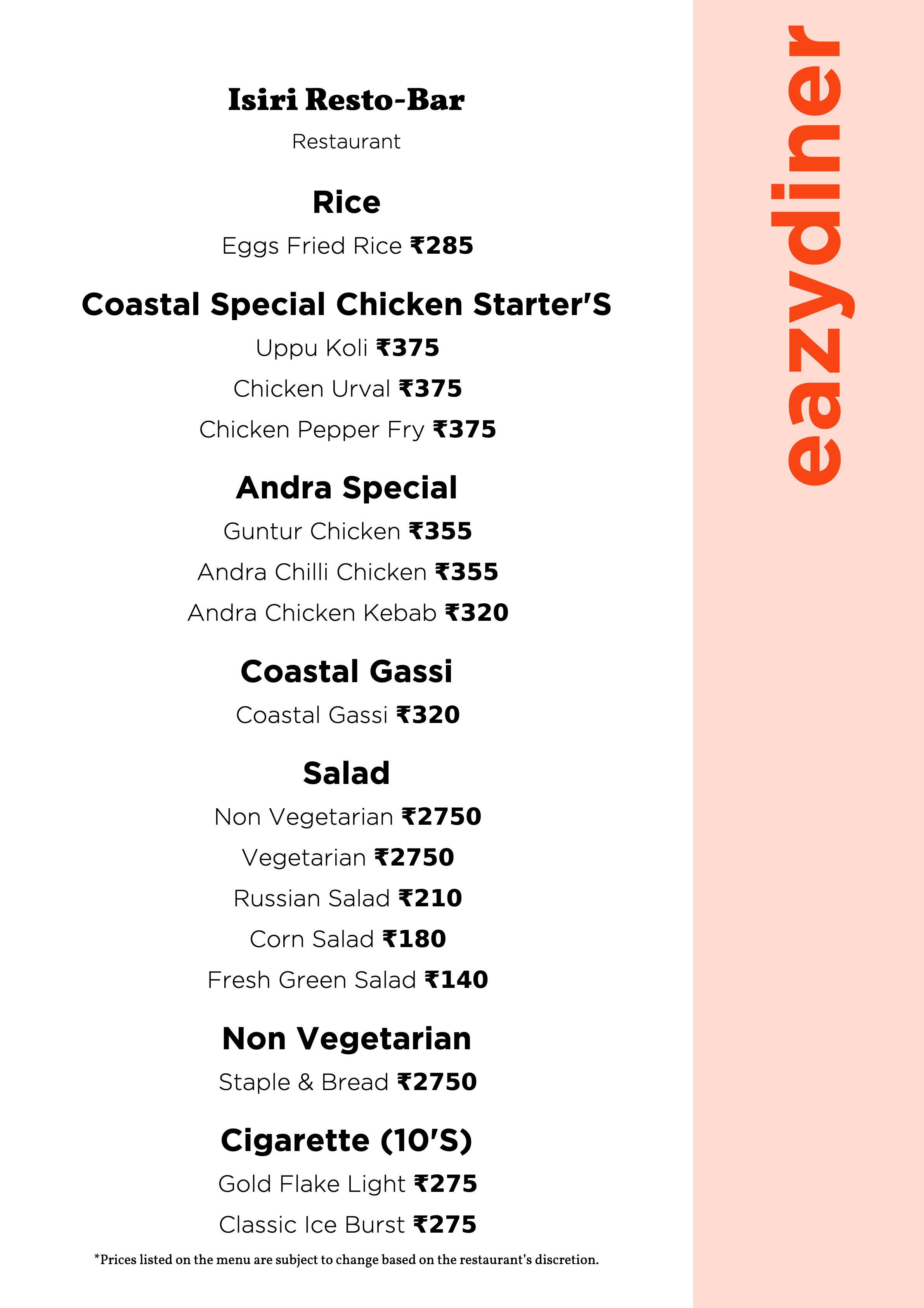 Menu of Isiri Resto-Bar, Marathahalli, East Bengaluru