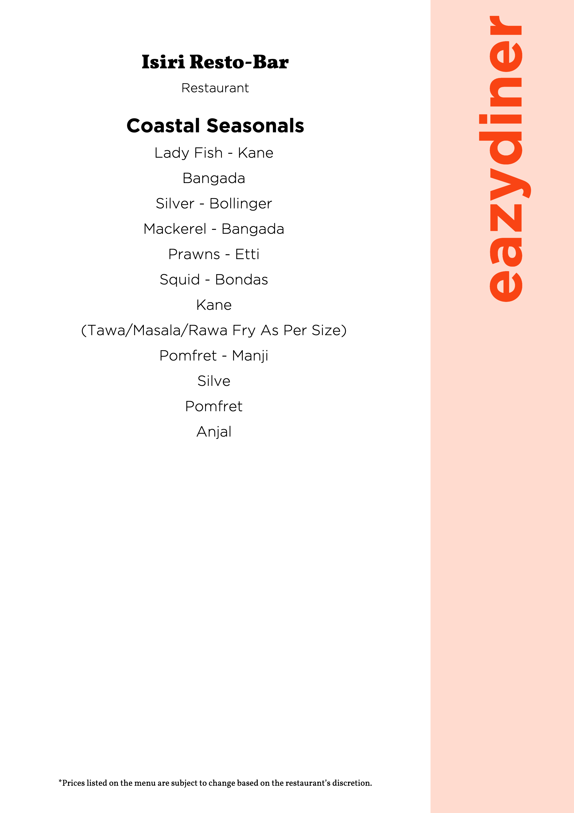 Menu of Isiri Resto-Bar, Marathahalli, East Bengaluru