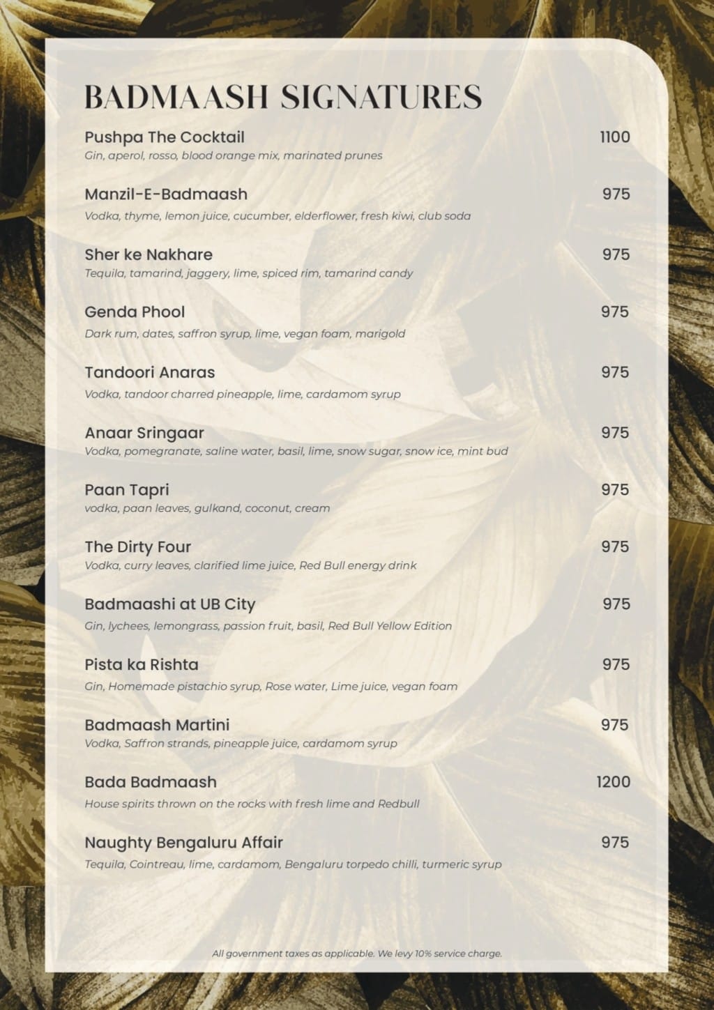 Menu of Badmaash UB City, UB City, Central Bengaluru