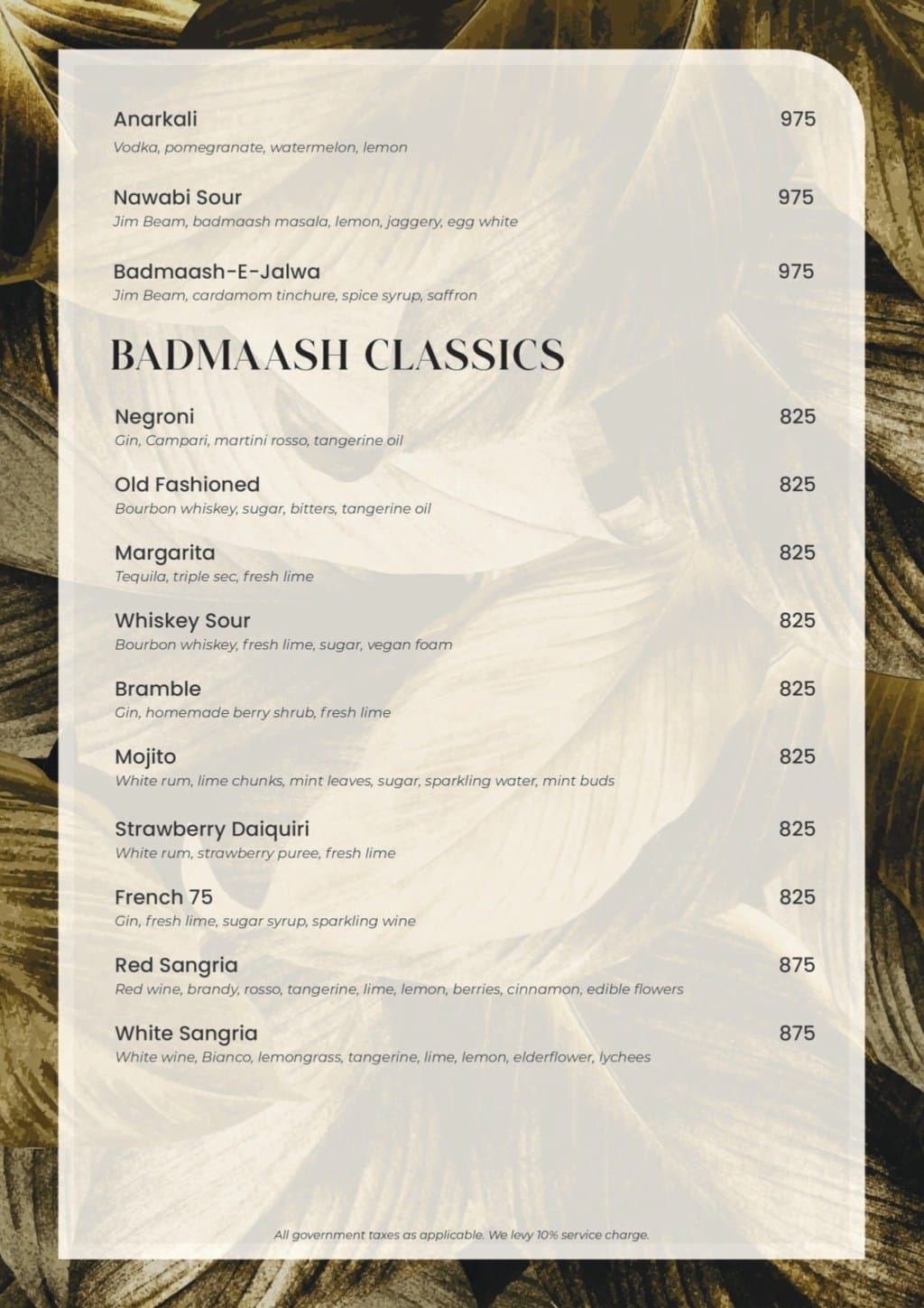 Menu of Badmaash UB City, UB City, Central Bengaluru