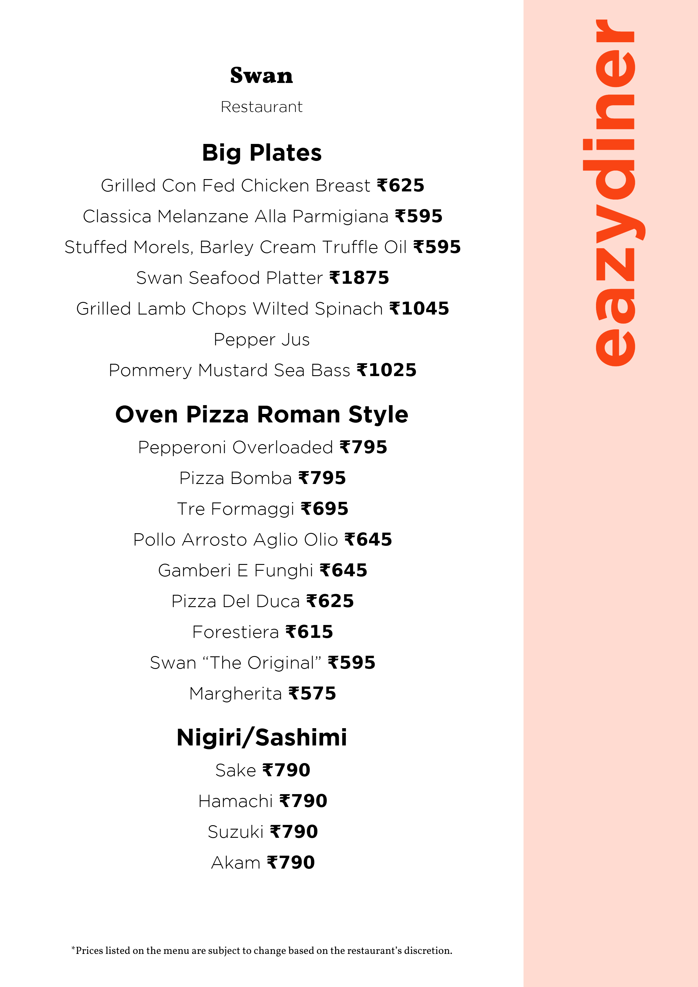 Menu of Swan, Mehrauli, South Delhi