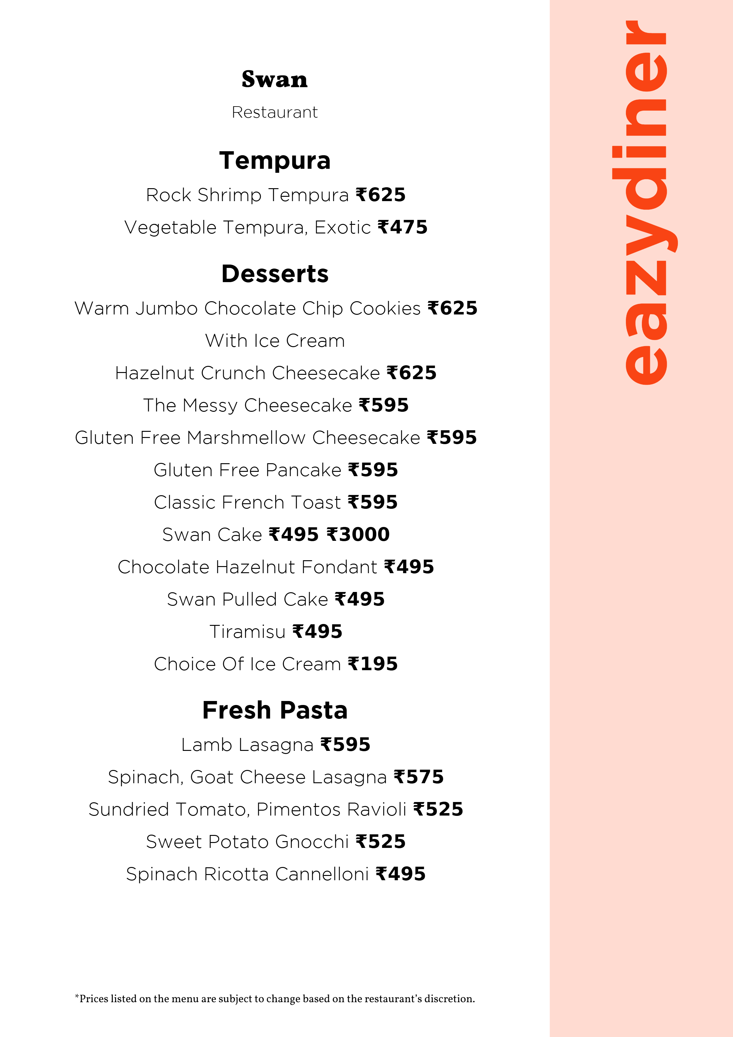 Menu of Swan, Mehrauli, South Delhi