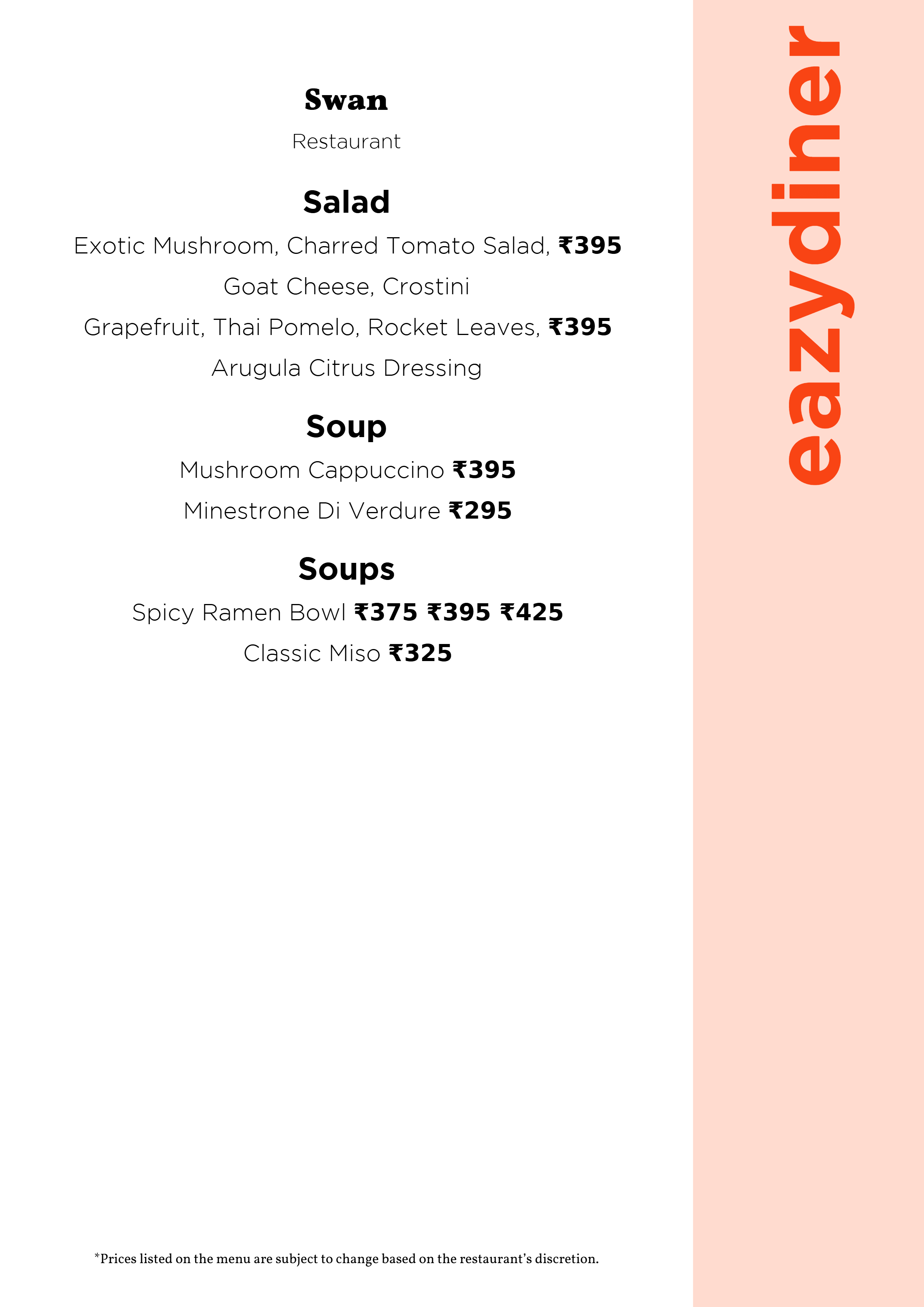 Menu of Swan, Mehrauli, South Delhi