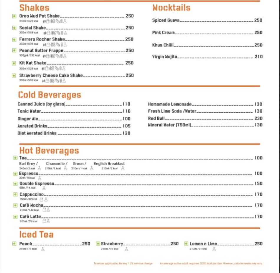 Menu of FC Road Social , FC Road, Pune