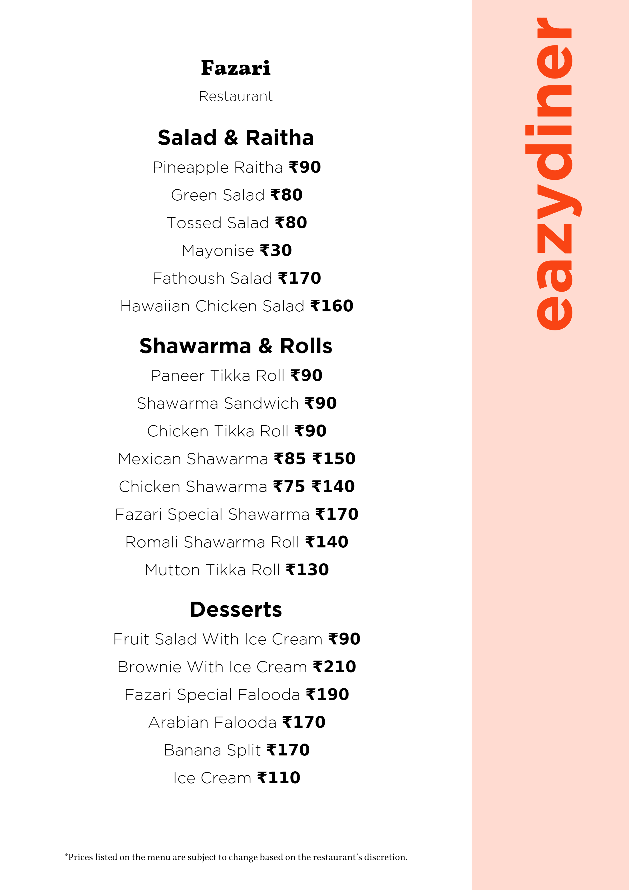 Menu of Fazari, Tambaram, Chennai