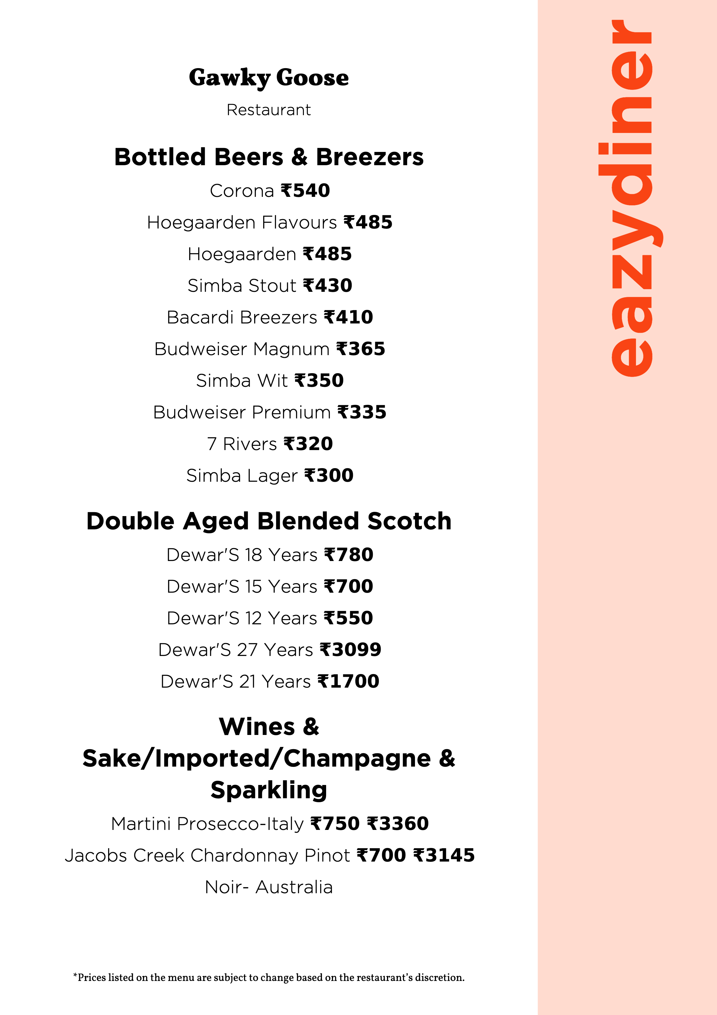 Menu of Gawky Goose, Murgesh Pallya, West Bengaluru