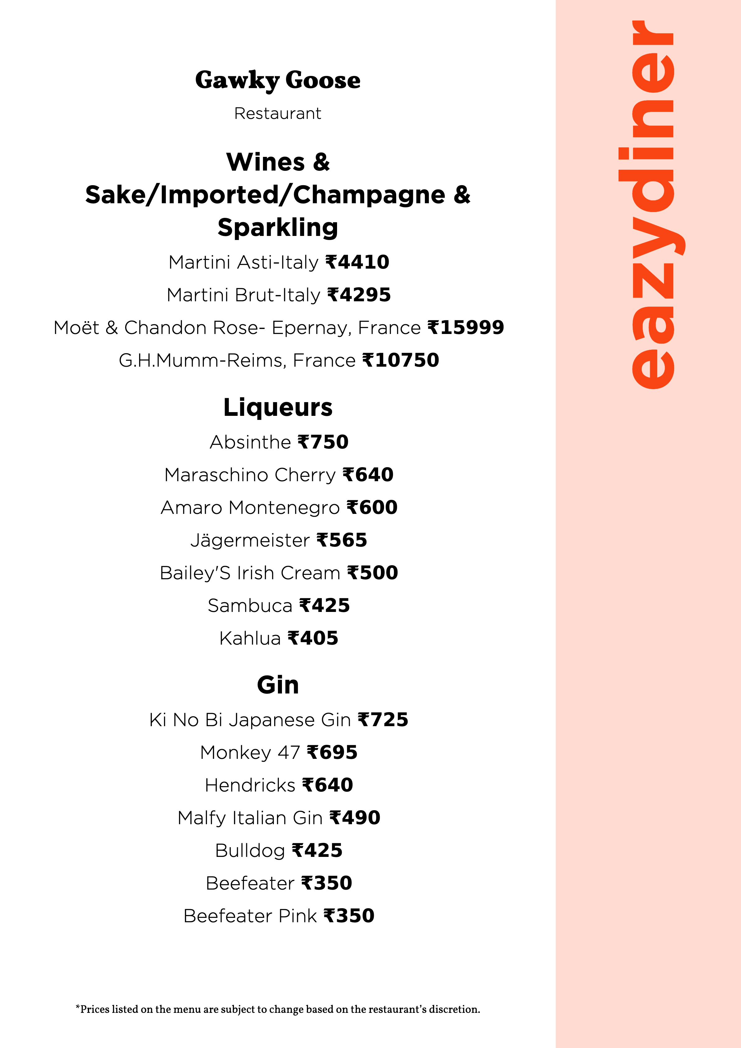 Menu of Gawky Goose, Murgesh Pallya, West Bengaluru