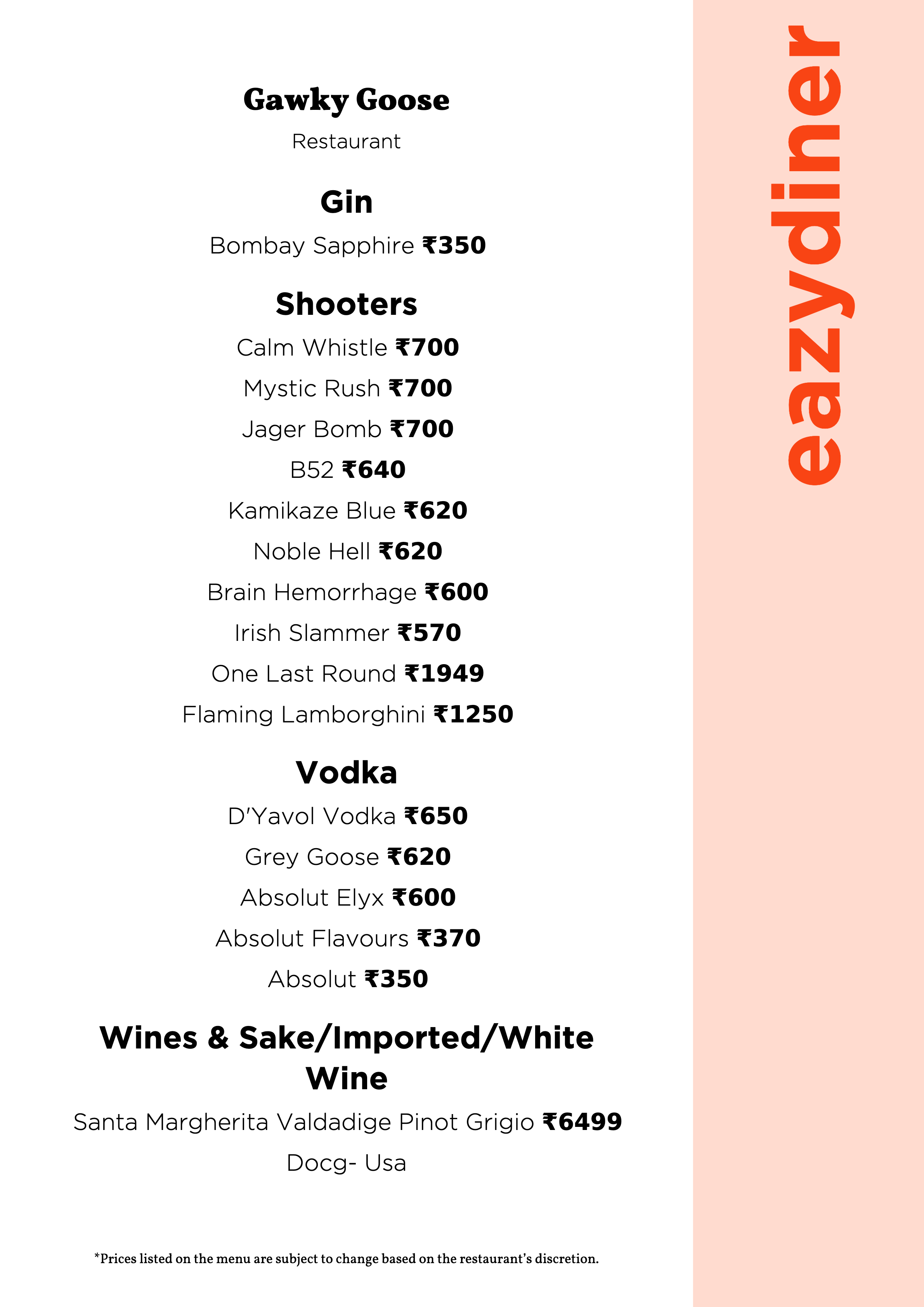 Menu of Gawky Goose, Murgesh Pallya, West Bengaluru