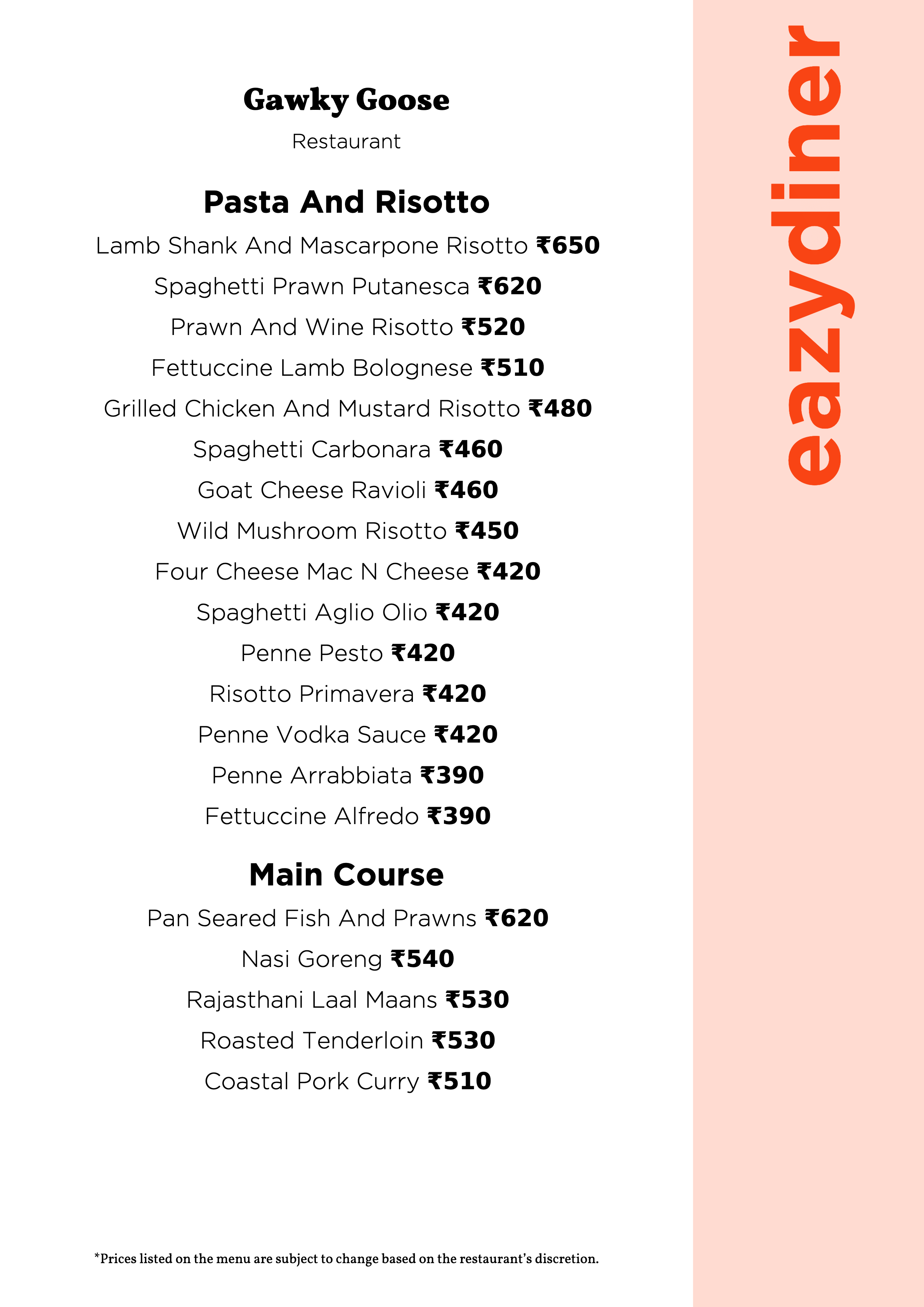 Menu of Gawky Goose, Murgesh Pallya, West Bengaluru