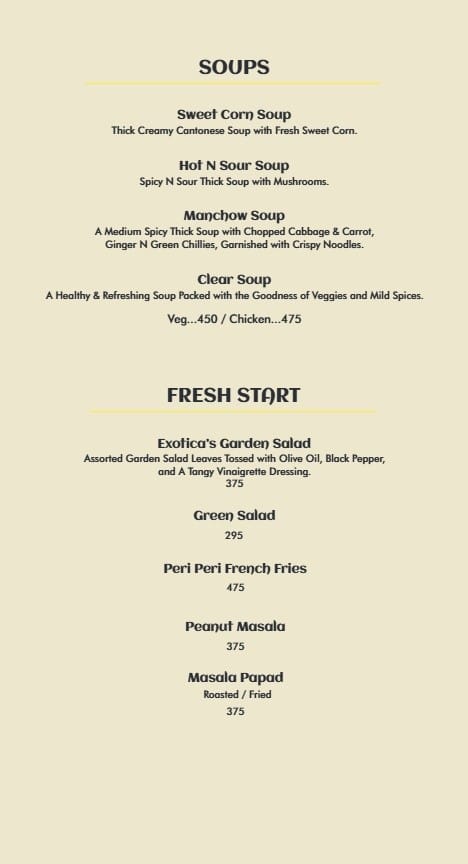 Menu of Exotica, Hitech City, Hyderabad
