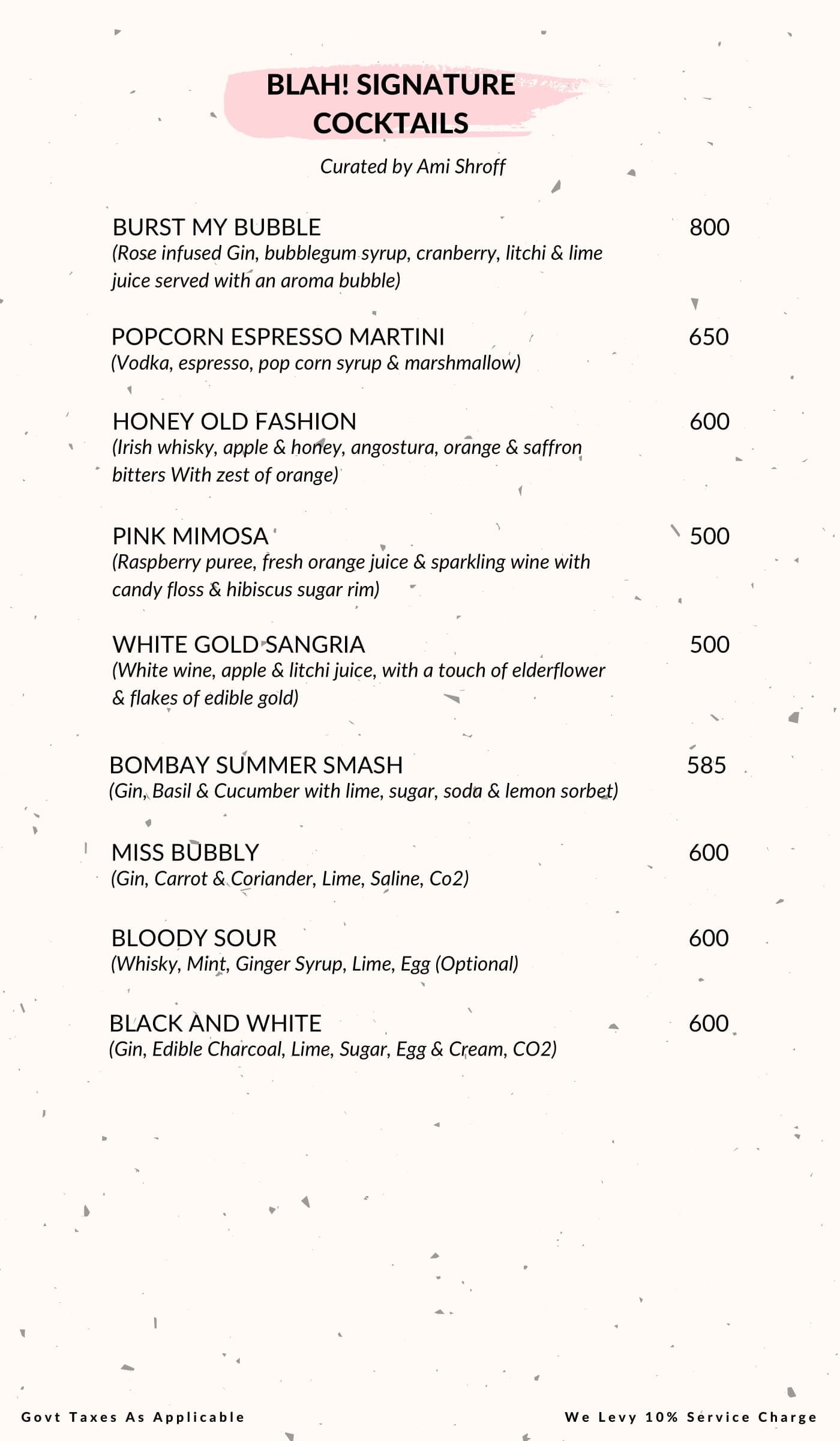 Menu of Blah!, Bandra Kurla Complex (BKC), Western Suburbs
