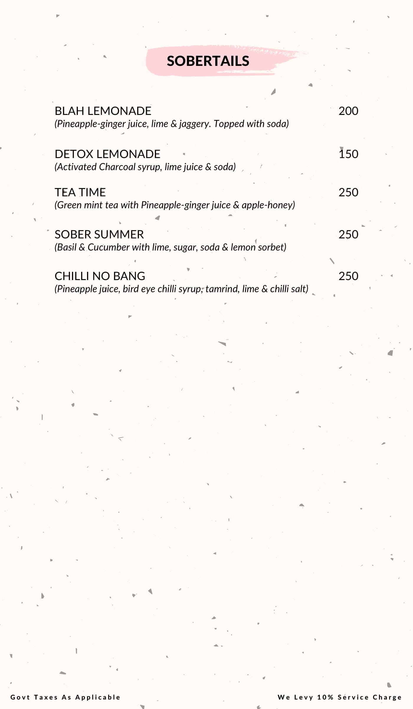 Menu of Blah!, Bandra Kurla Complex (BKC), Western Suburbs