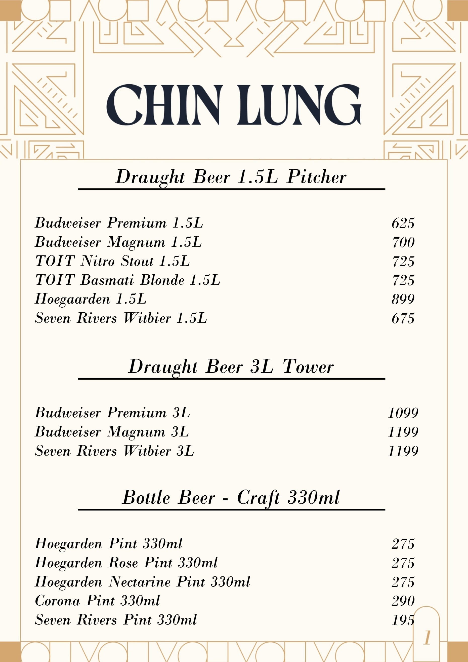 Menu of Chin Lung Resto Bar, New BEL Road, North Bengaluru