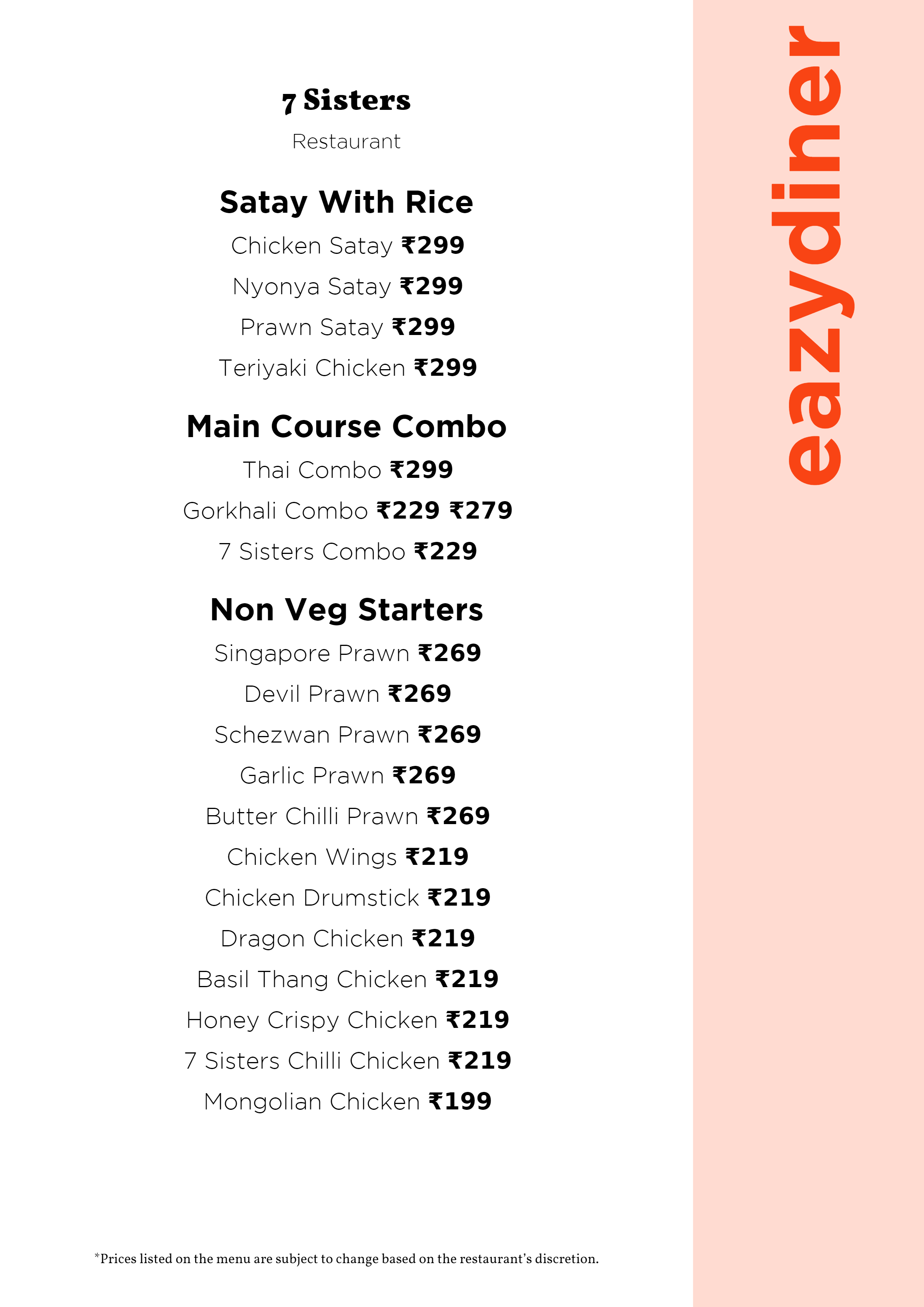 Menu of 7 Sisters, Banjara Hills, Hyderabad