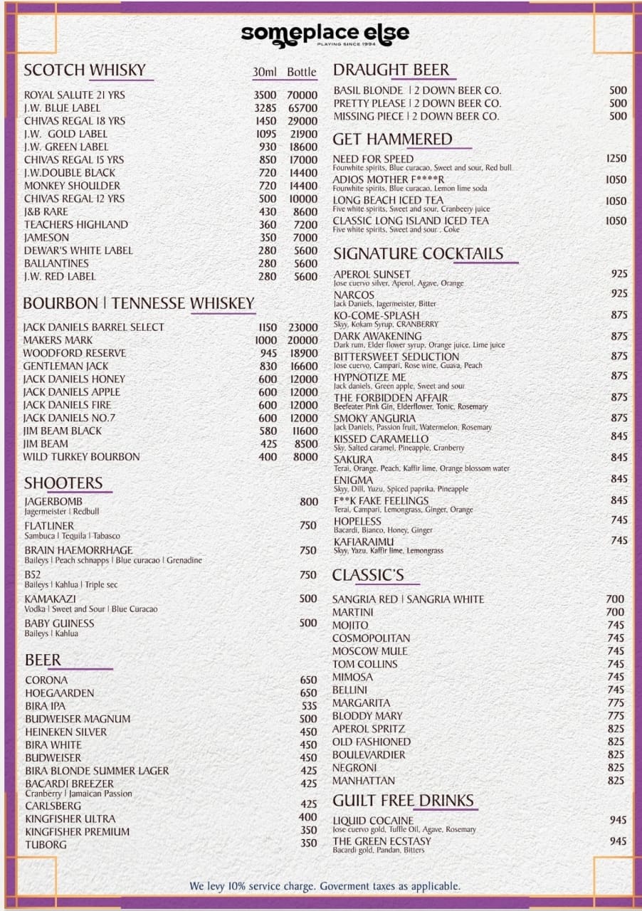 Menu of Someplace Else, Jio World Drive, BKC