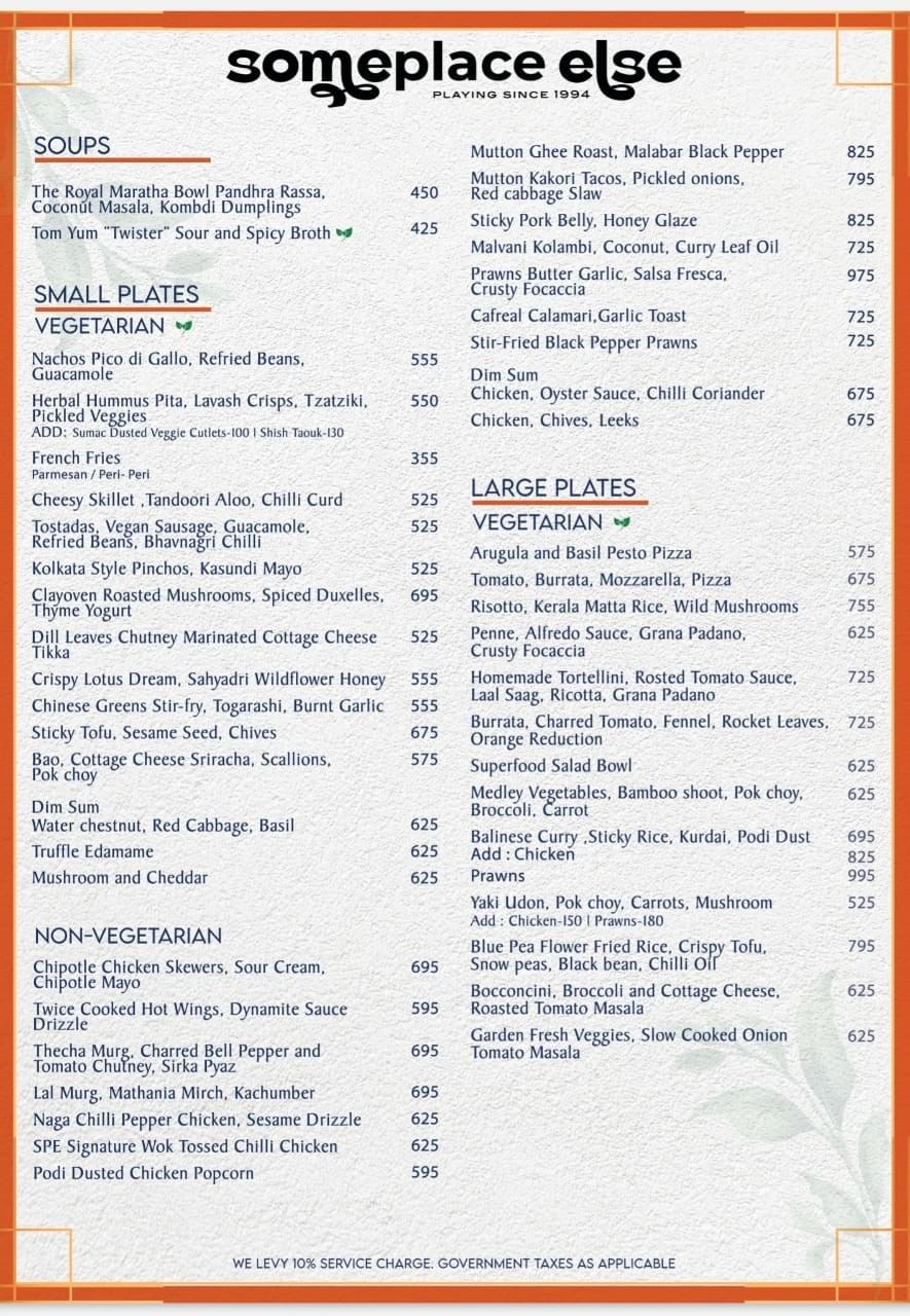 Menu of Someplace Else, Jio World Drive, BKC