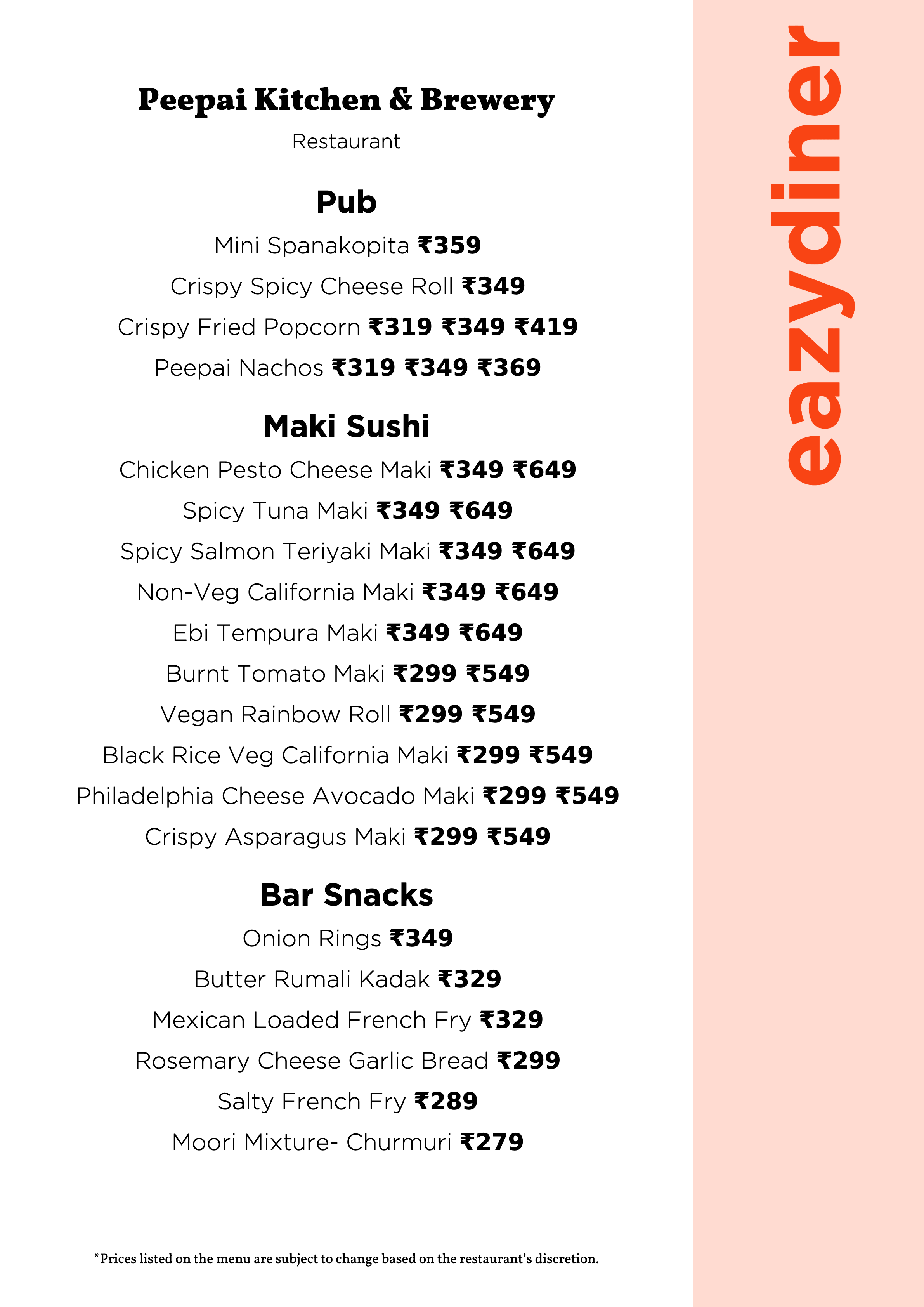 Menu of Peepai Kitchen & Brewery, Hebbal, North Bengaluru