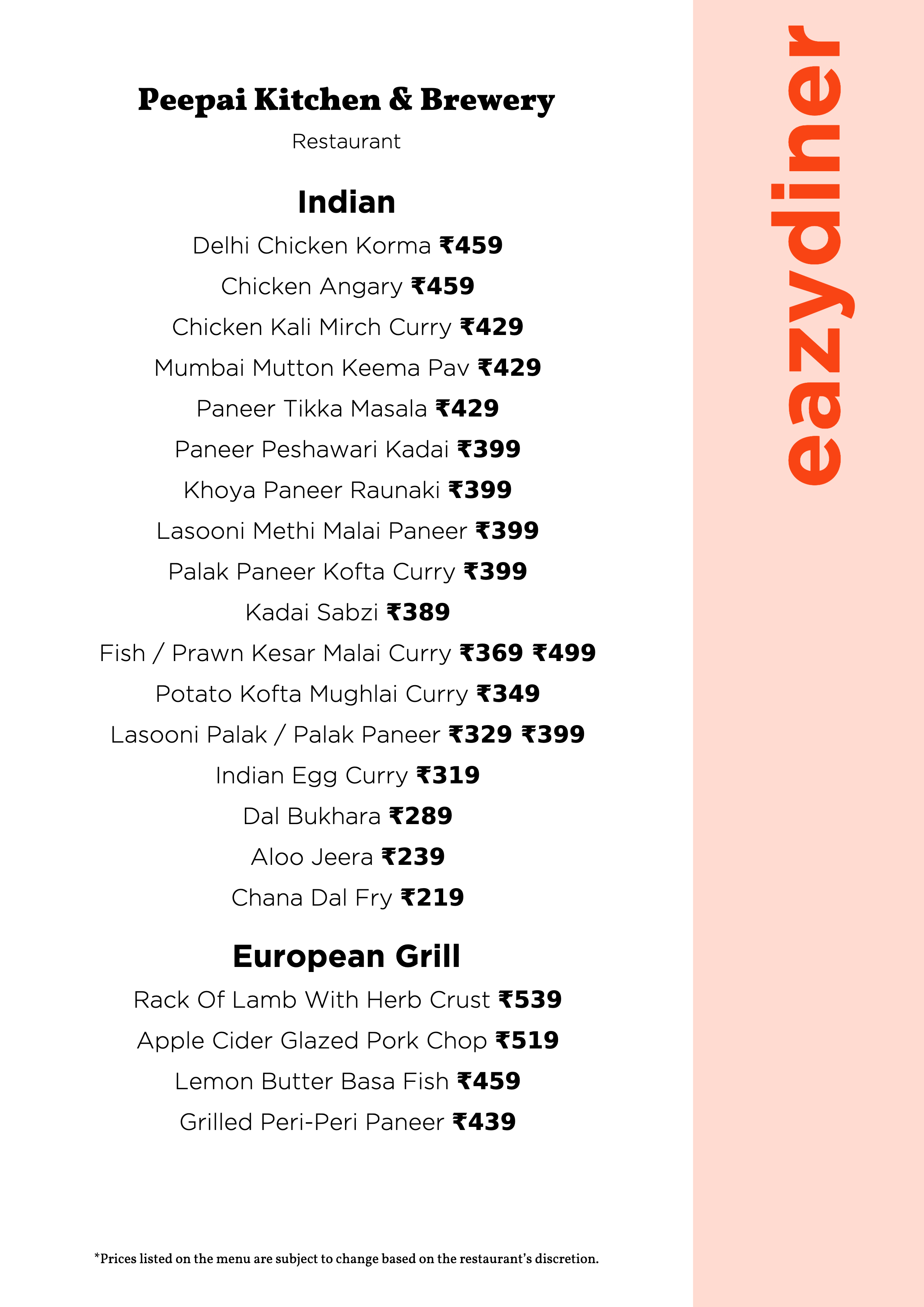 Menu of Peepai Kitchen & Brewery, Hebbal, North Bengaluru