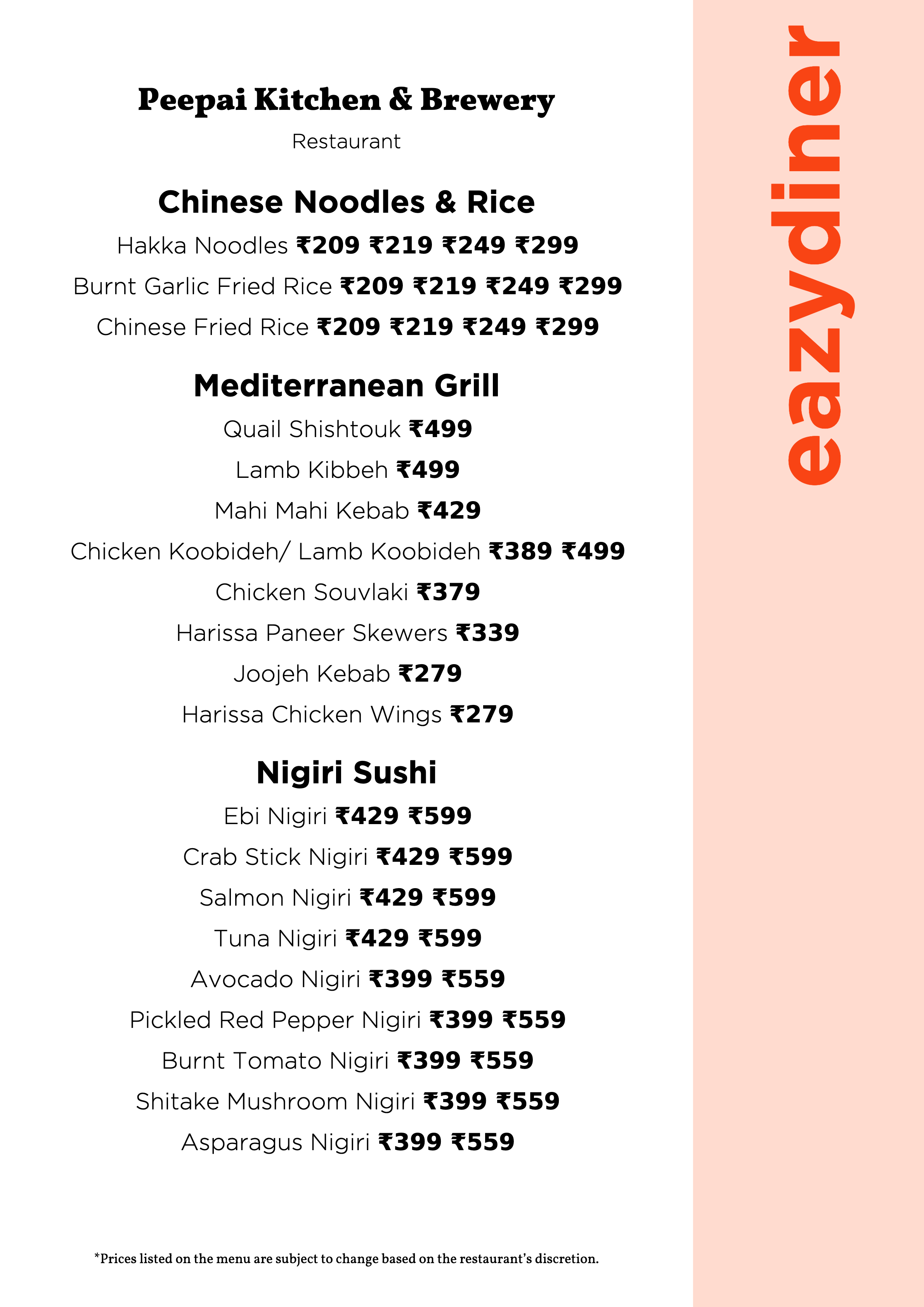 Menu of Peepai Kitchen & Brewery, Hebbal, North Bengaluru