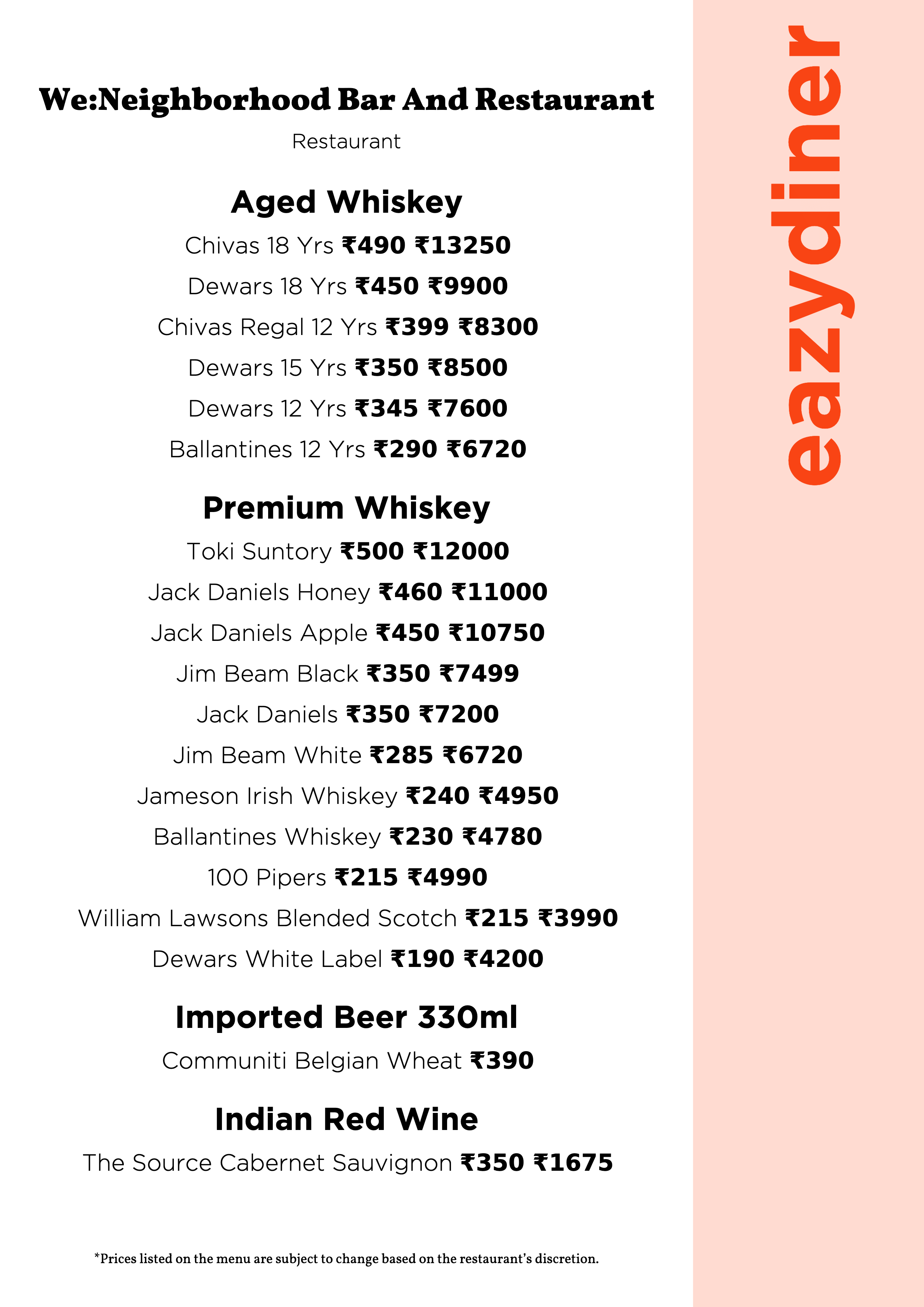 Menu of We:Neighborhood Bar and Restaurant, Residency Road, Central ...