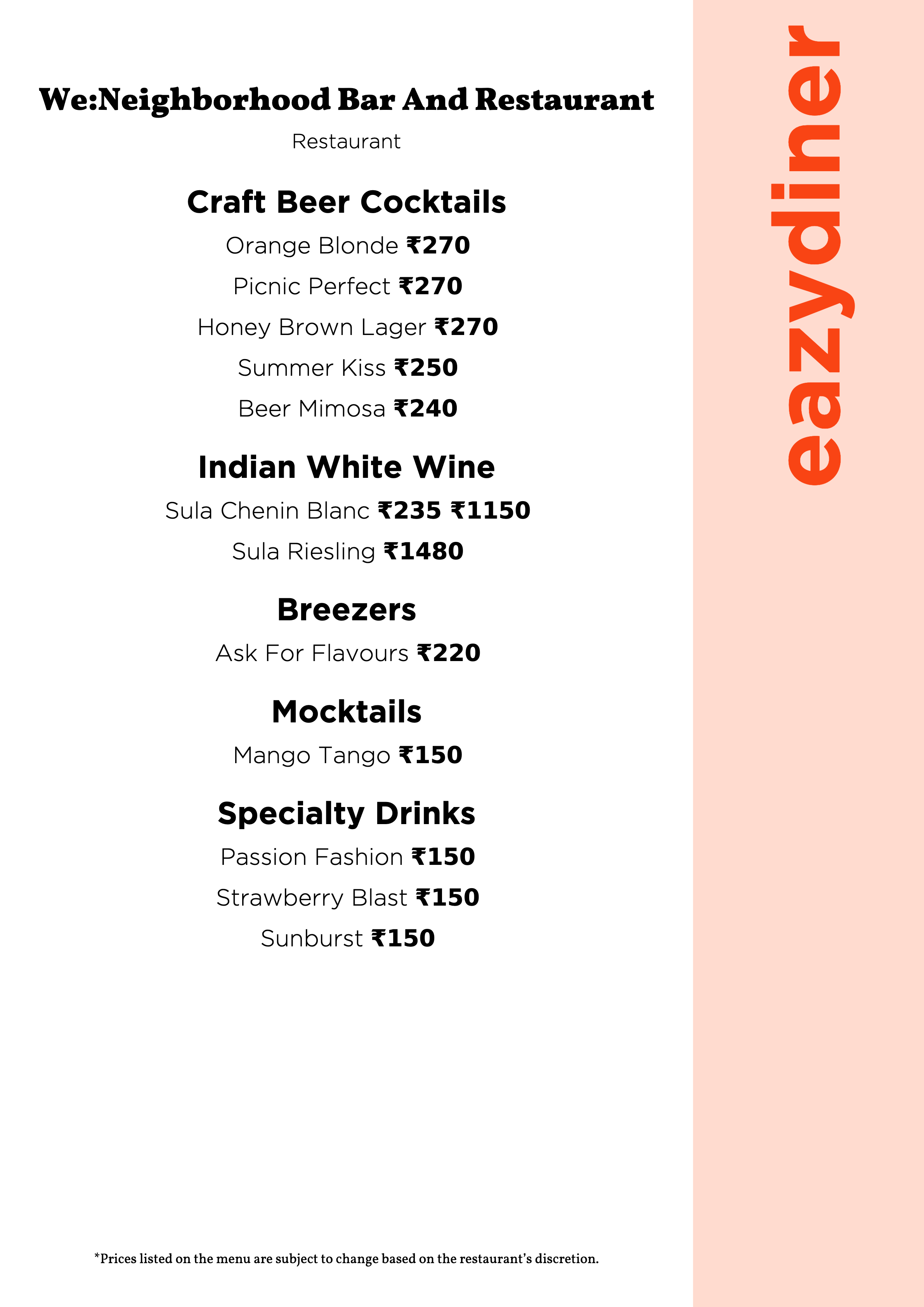 Menu of We:Neighborhood Bar and Restaurant, Residency Road, Central ...