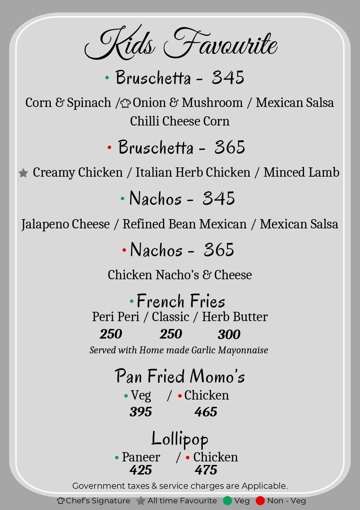 Menu of Igloo, JP Hotel, Chennai