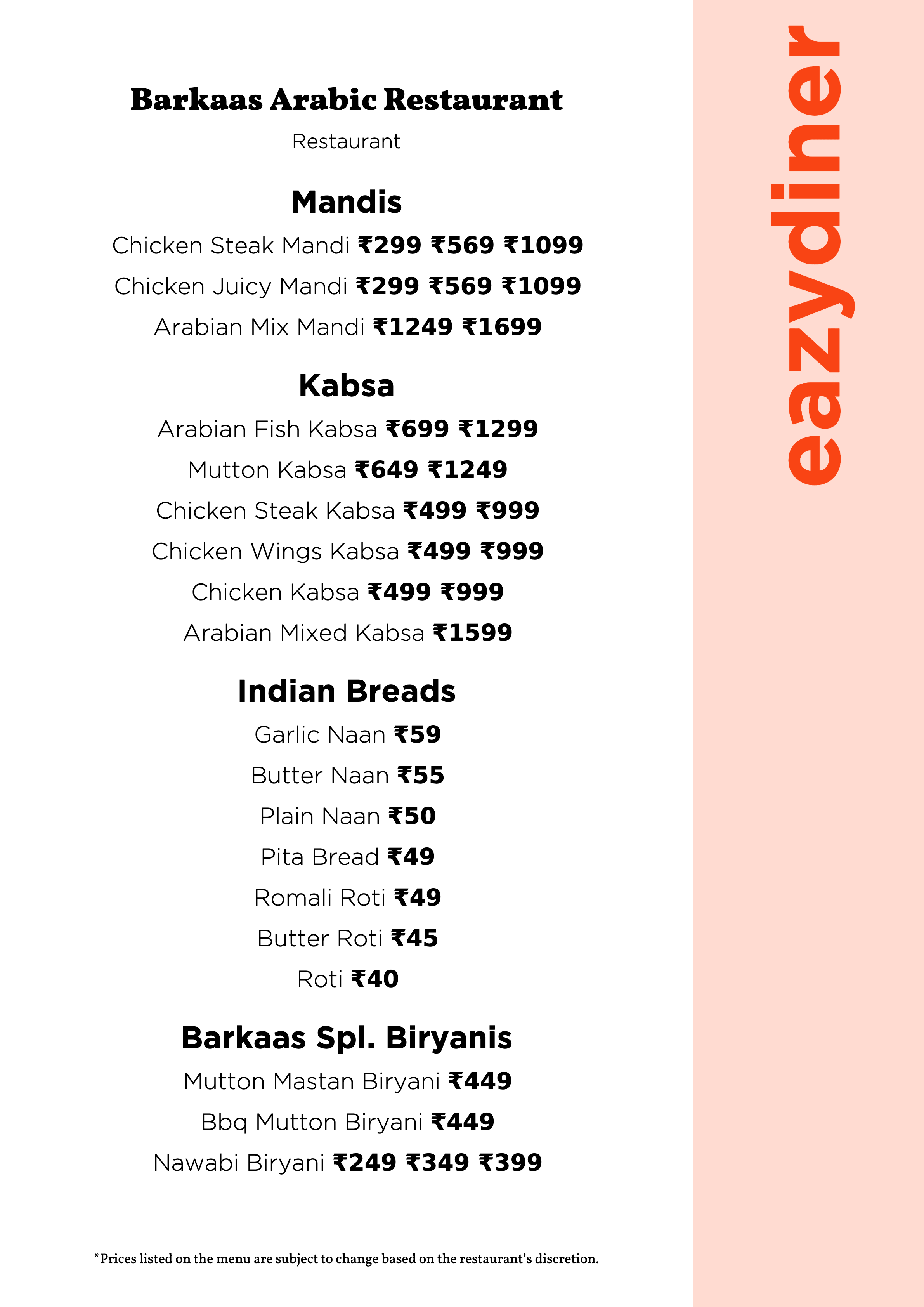Menu of Barkaas Arabic Restaurant, Whitefield, East Bengaluru