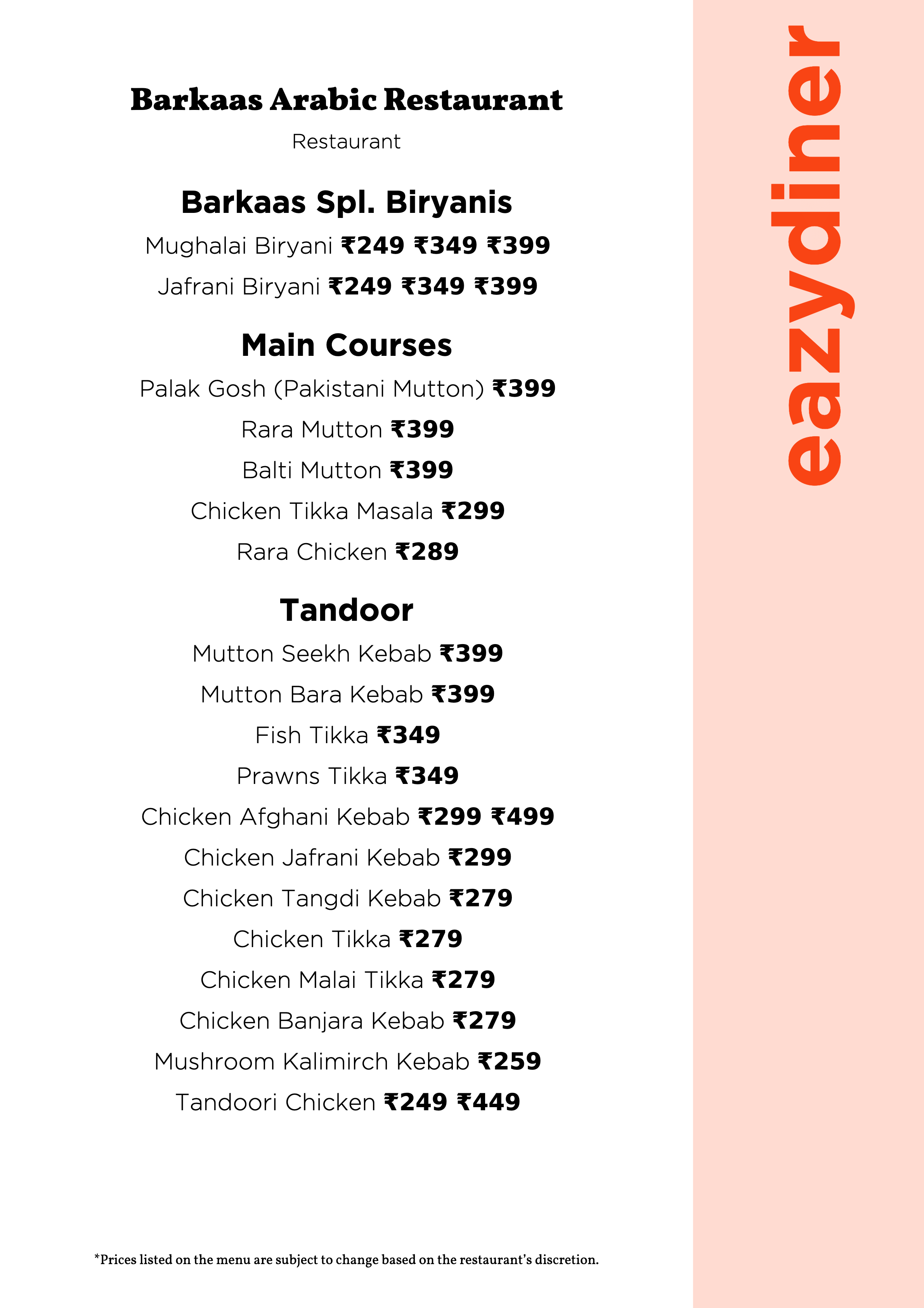 Menu of Barkaas Arabic Restaurant, Whitefield, East Bengaluru