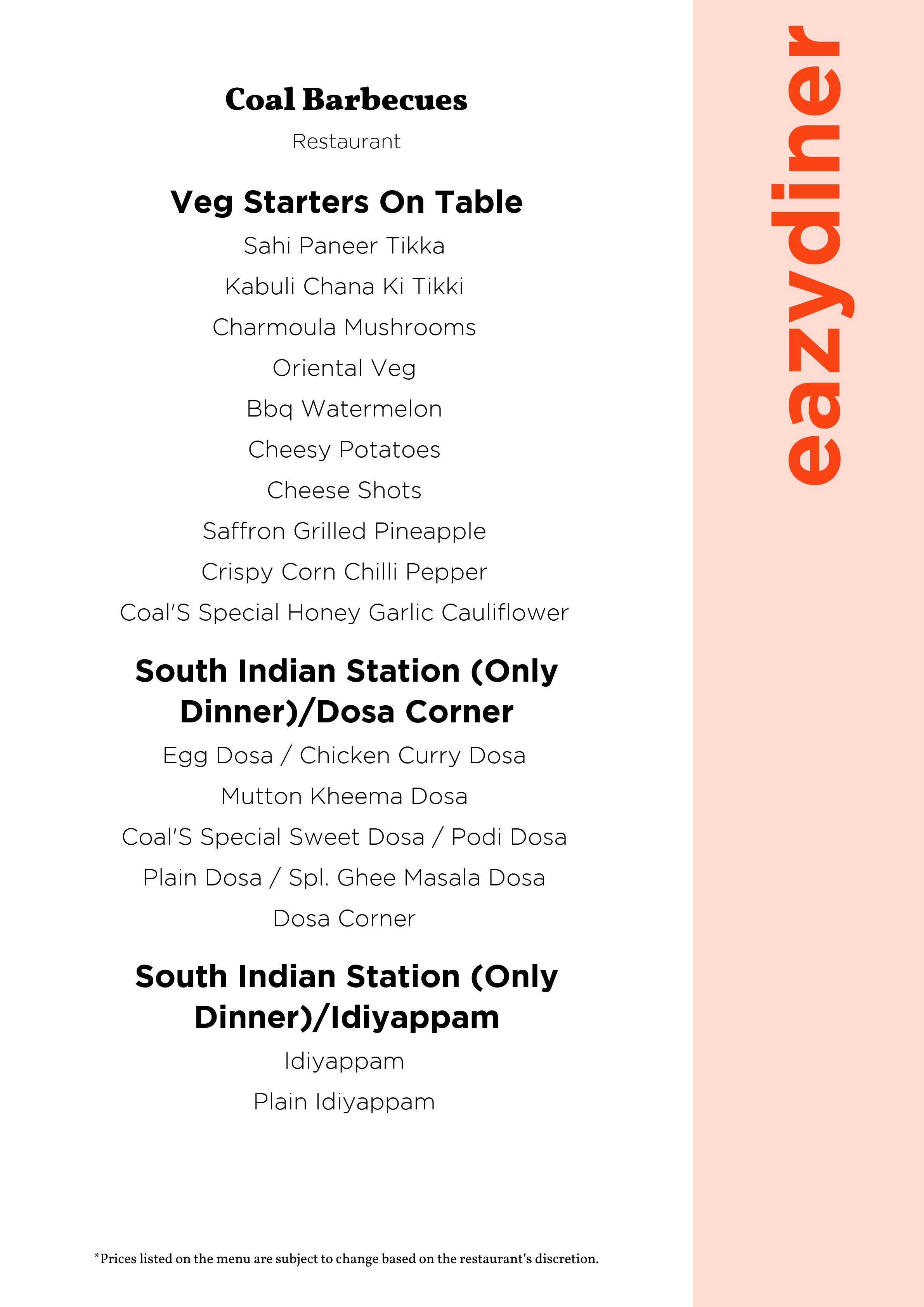 Menu of Coal Barbecues, T. Nagar, Chennai