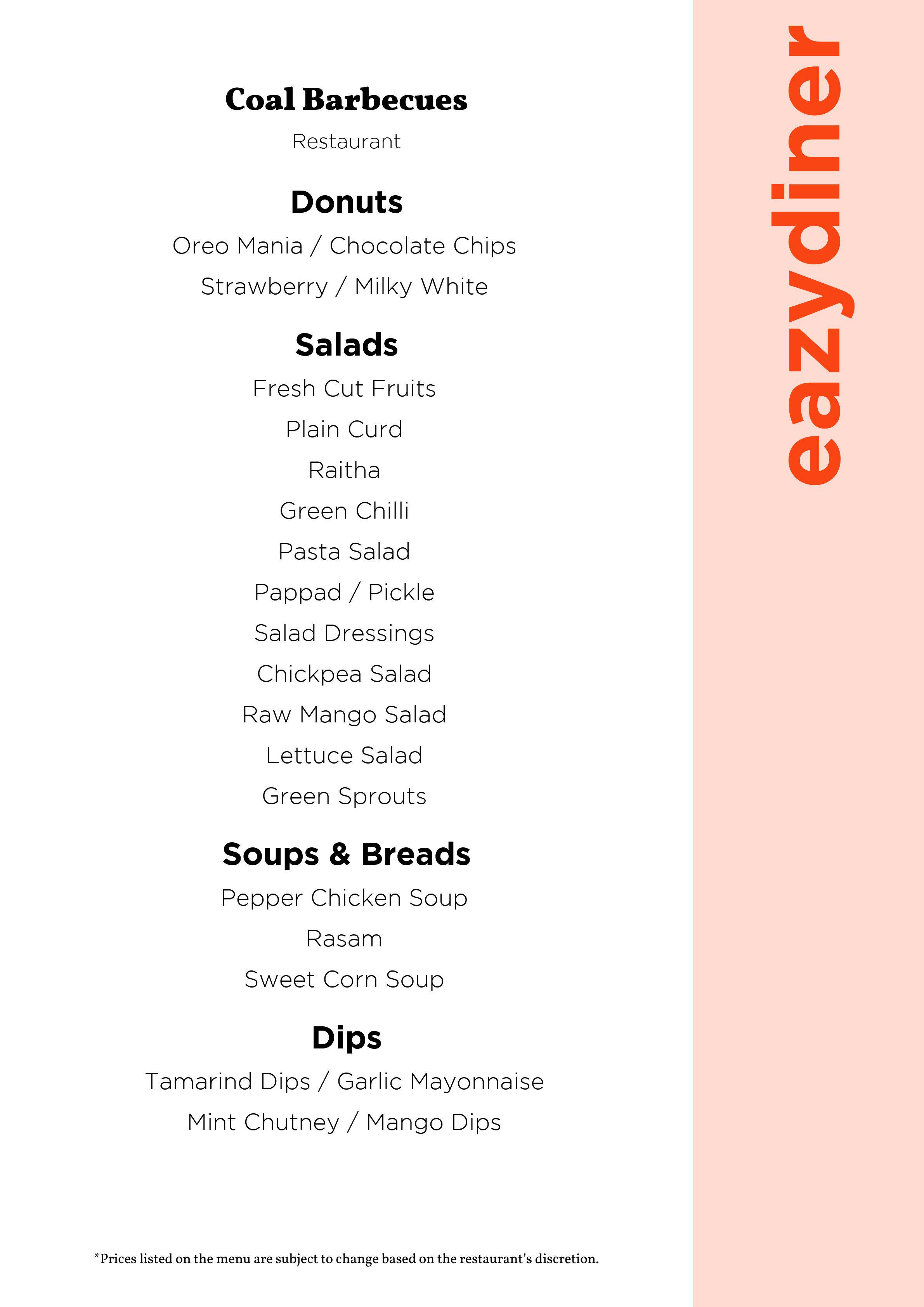 Menu of Coal Barbecues, T. Nagar, Chennai