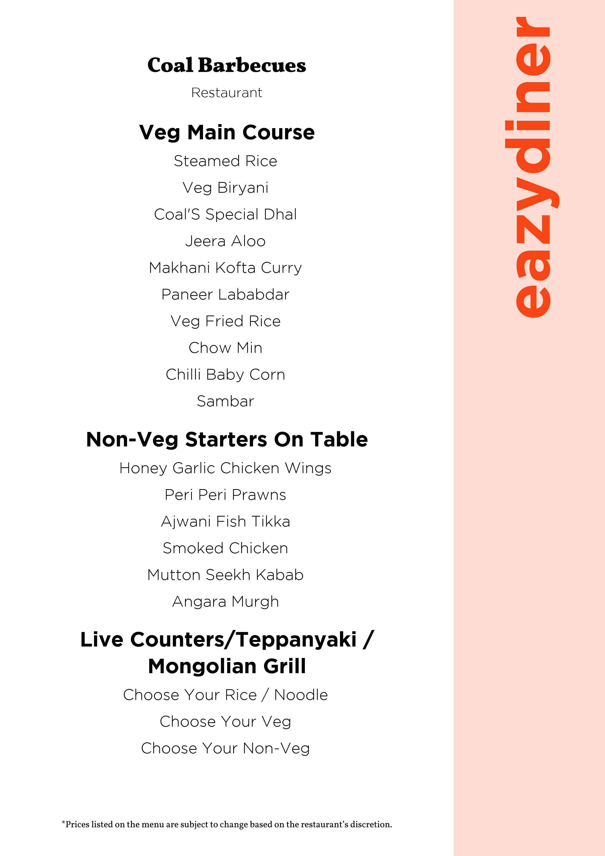 Menu of Coal Barbecues, T. Nagar, Chennai