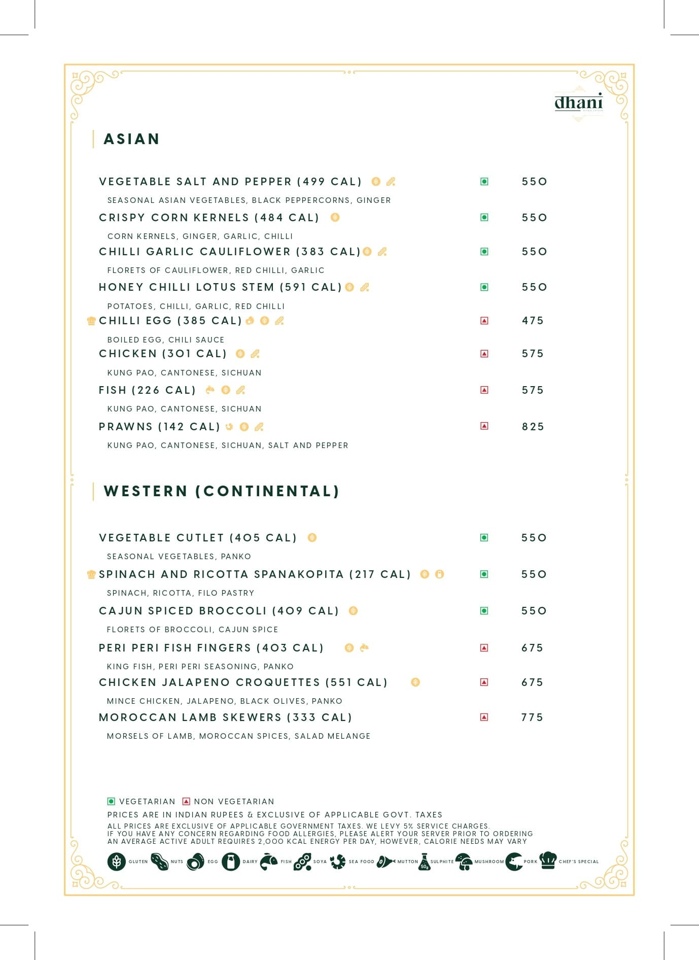 Menu of Dhani, Kaldan Samudhra, Chennai