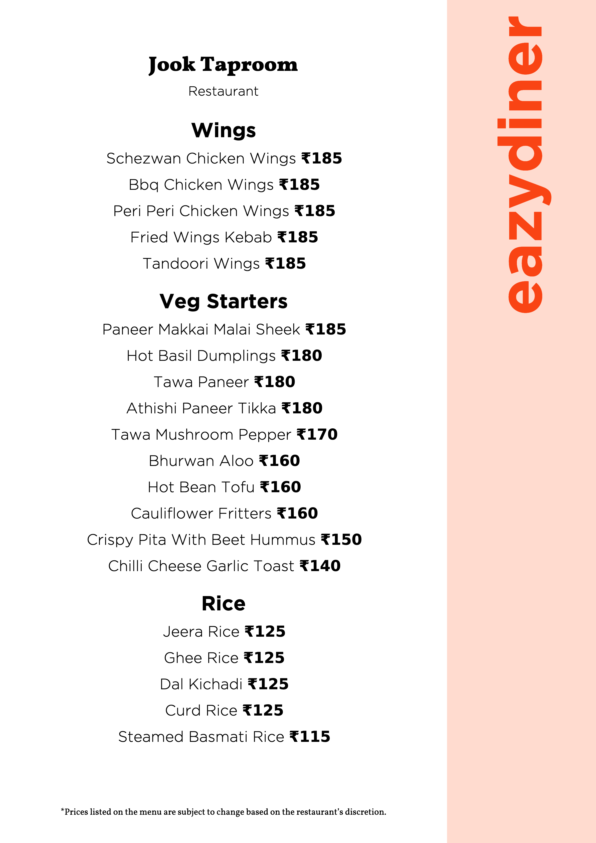 Menu of Jook Taproom, 100 Feet Road, East Bengaluru