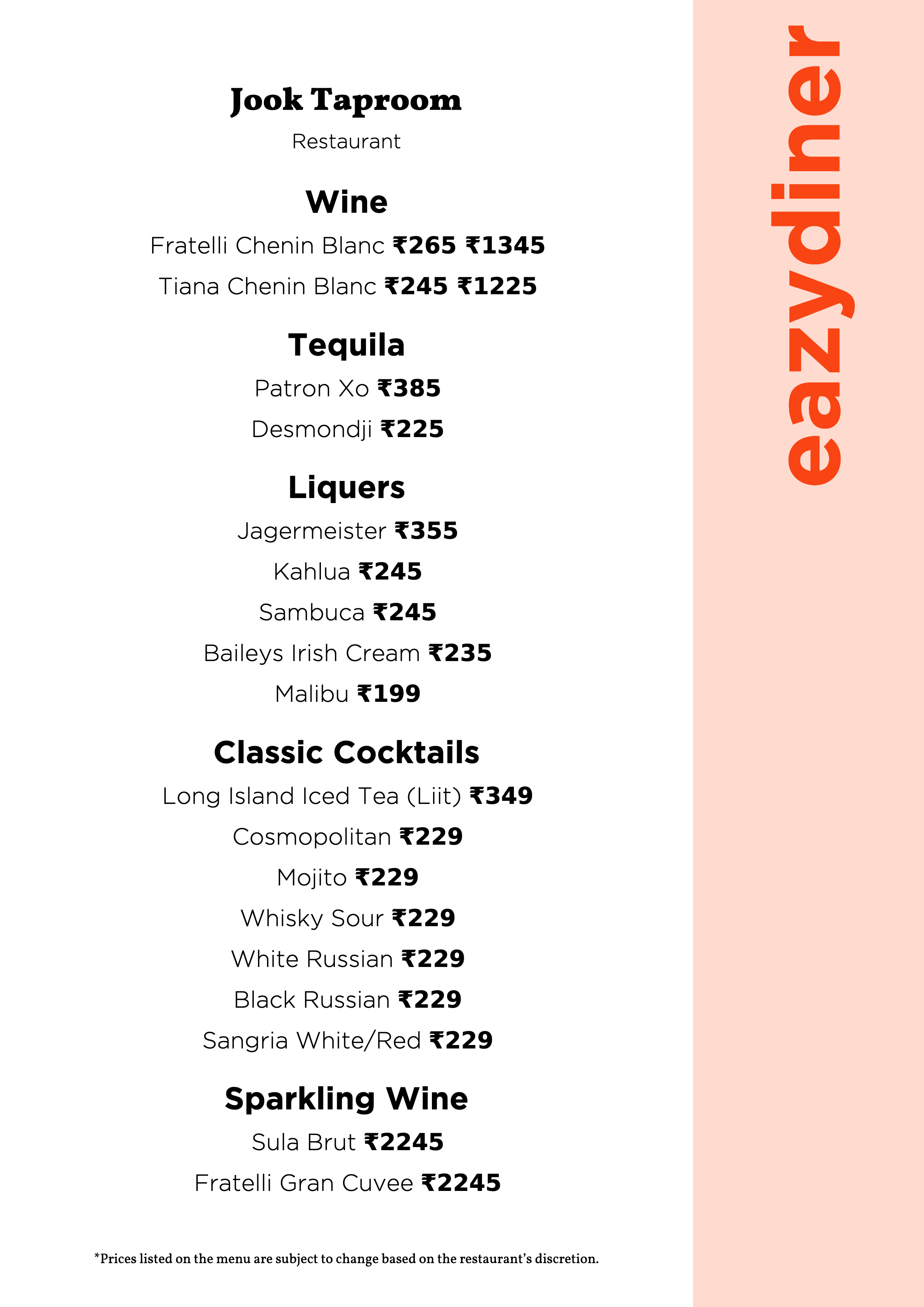 Menu of Jook Taproom, 100 Feet Road, East Bengaluru