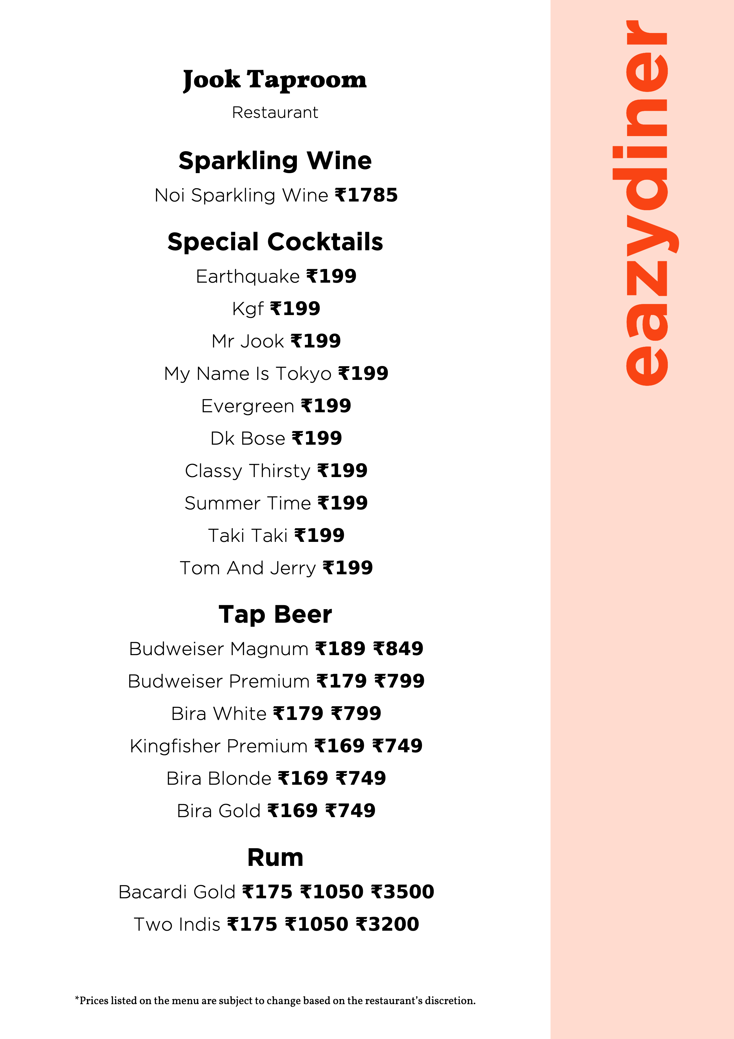 Menu of Jook Taproom, 100 Feet Road, East Bengaluru