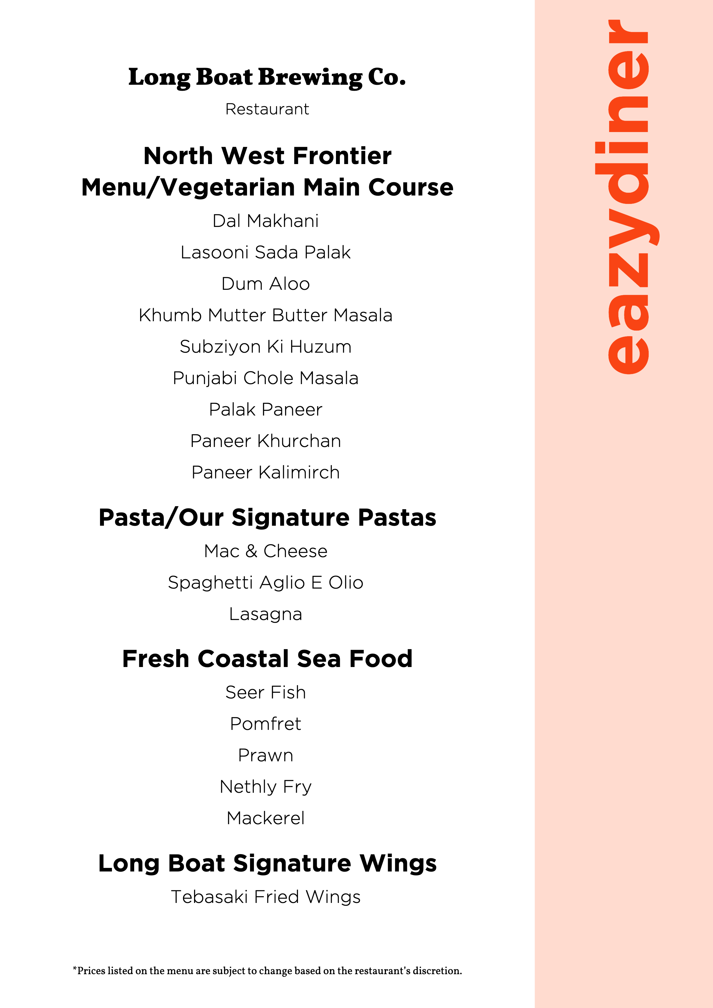 Menu of Long Boat Brewing Co., Marathahalli, East Bengaluru