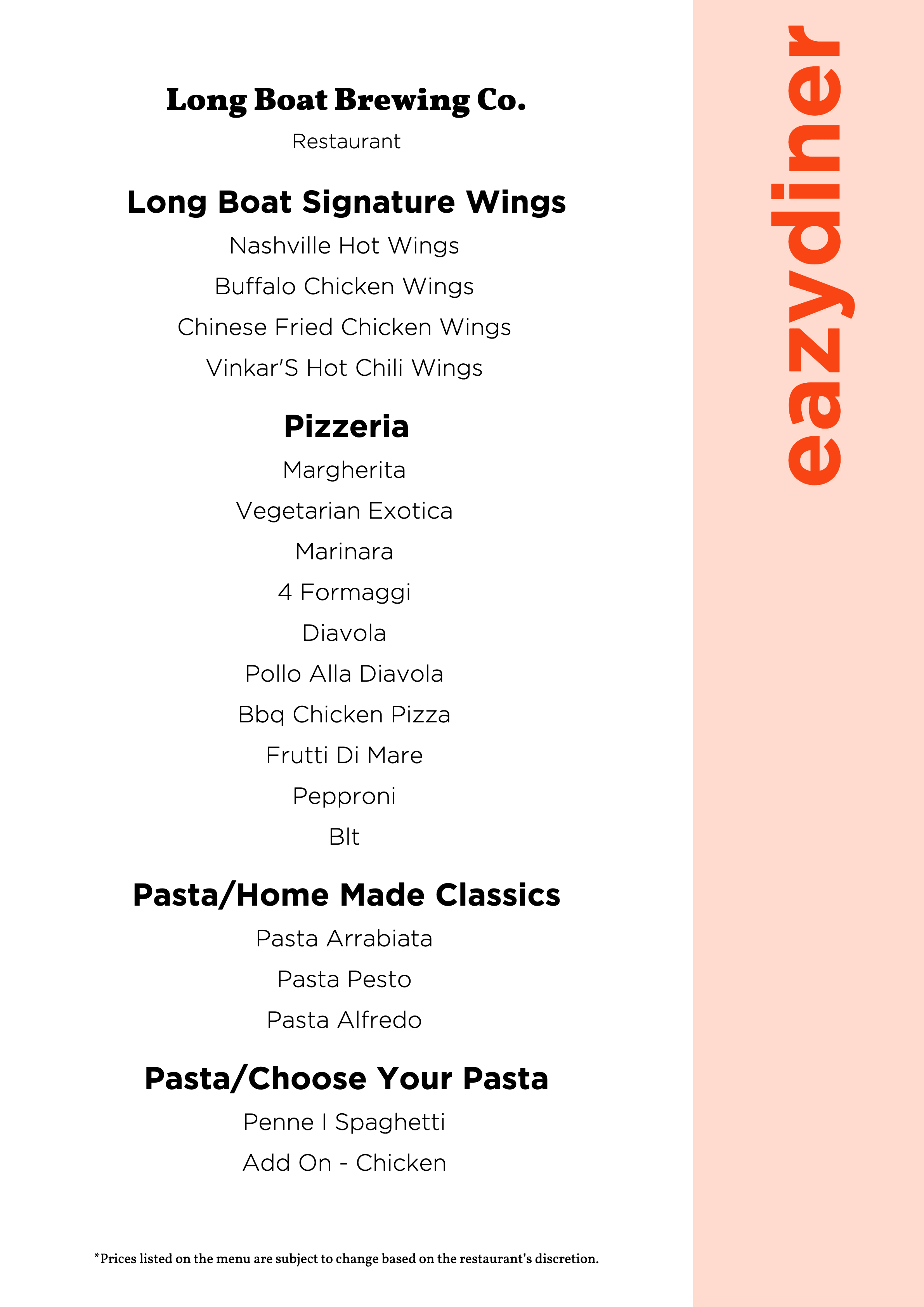 Menu of Long Boat Brewing Co., Marathahalli, East Bengaluru