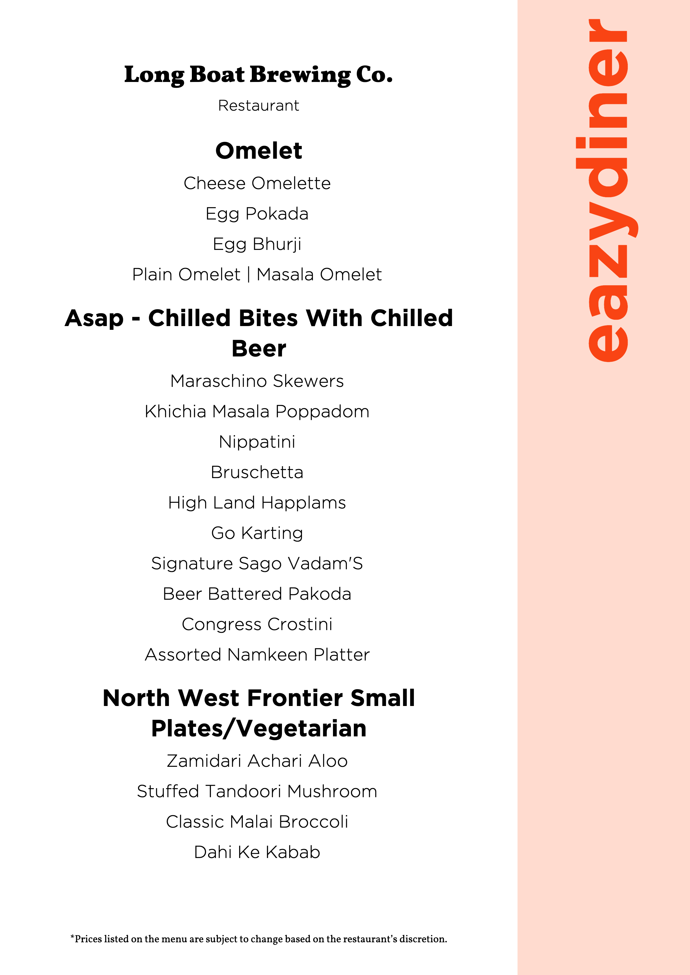 Menu of Long Boat Brewing Co., Marathahalli, East Bengaluru