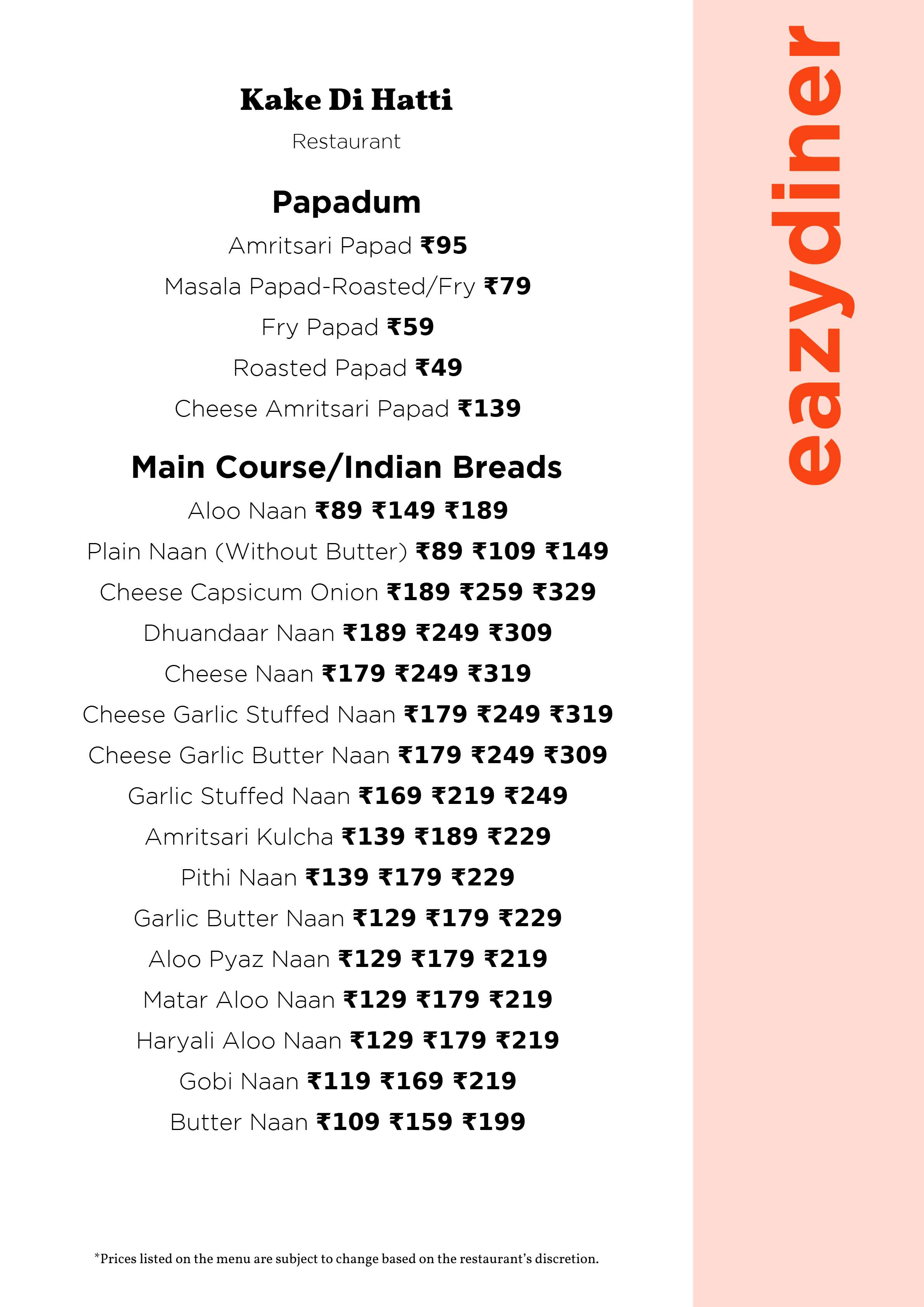 Menu of Kake Di Hatti, Alkapuri, Vadodara