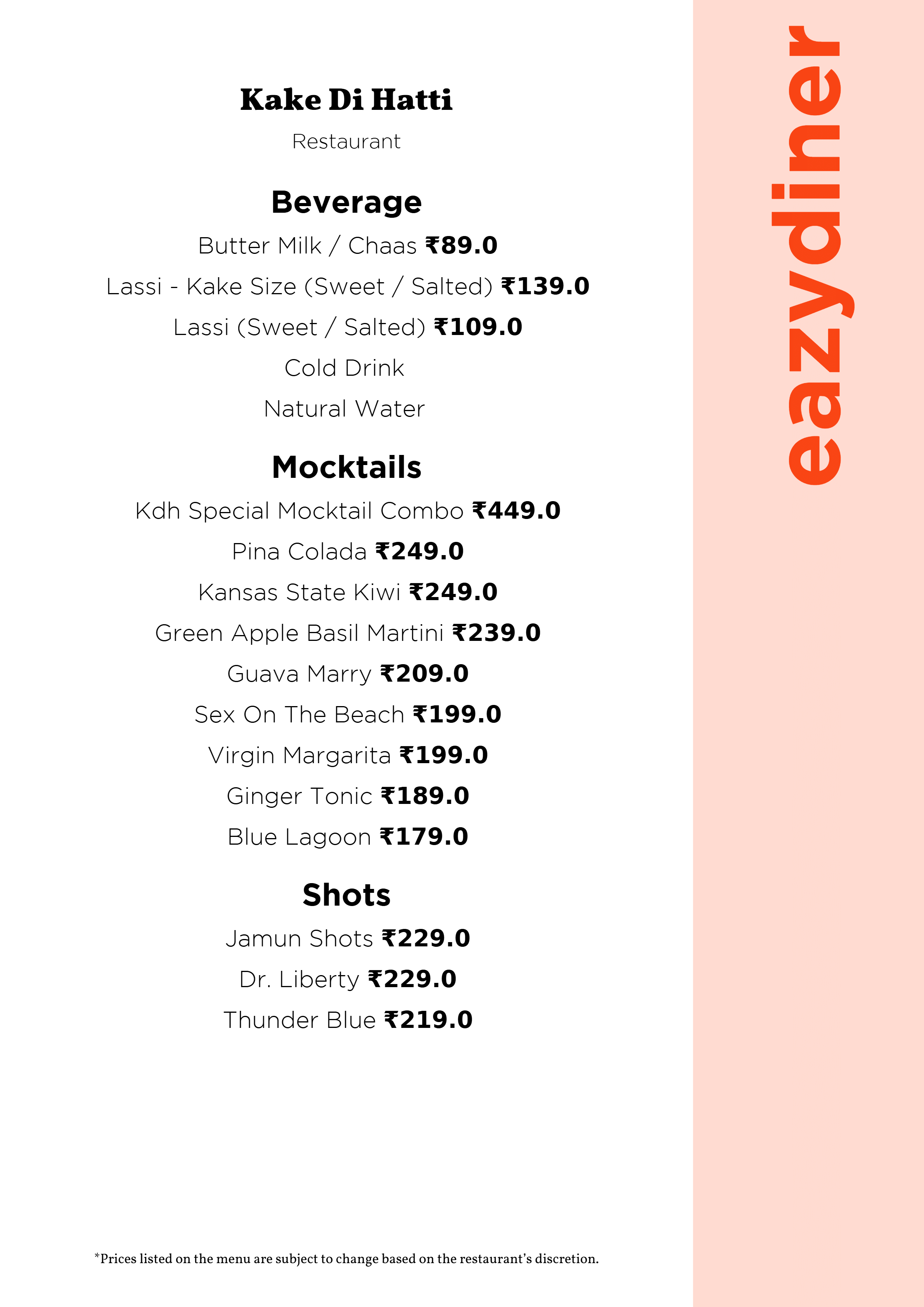 Menu of Kake Di Hatti, Alkapuri, Vadodara