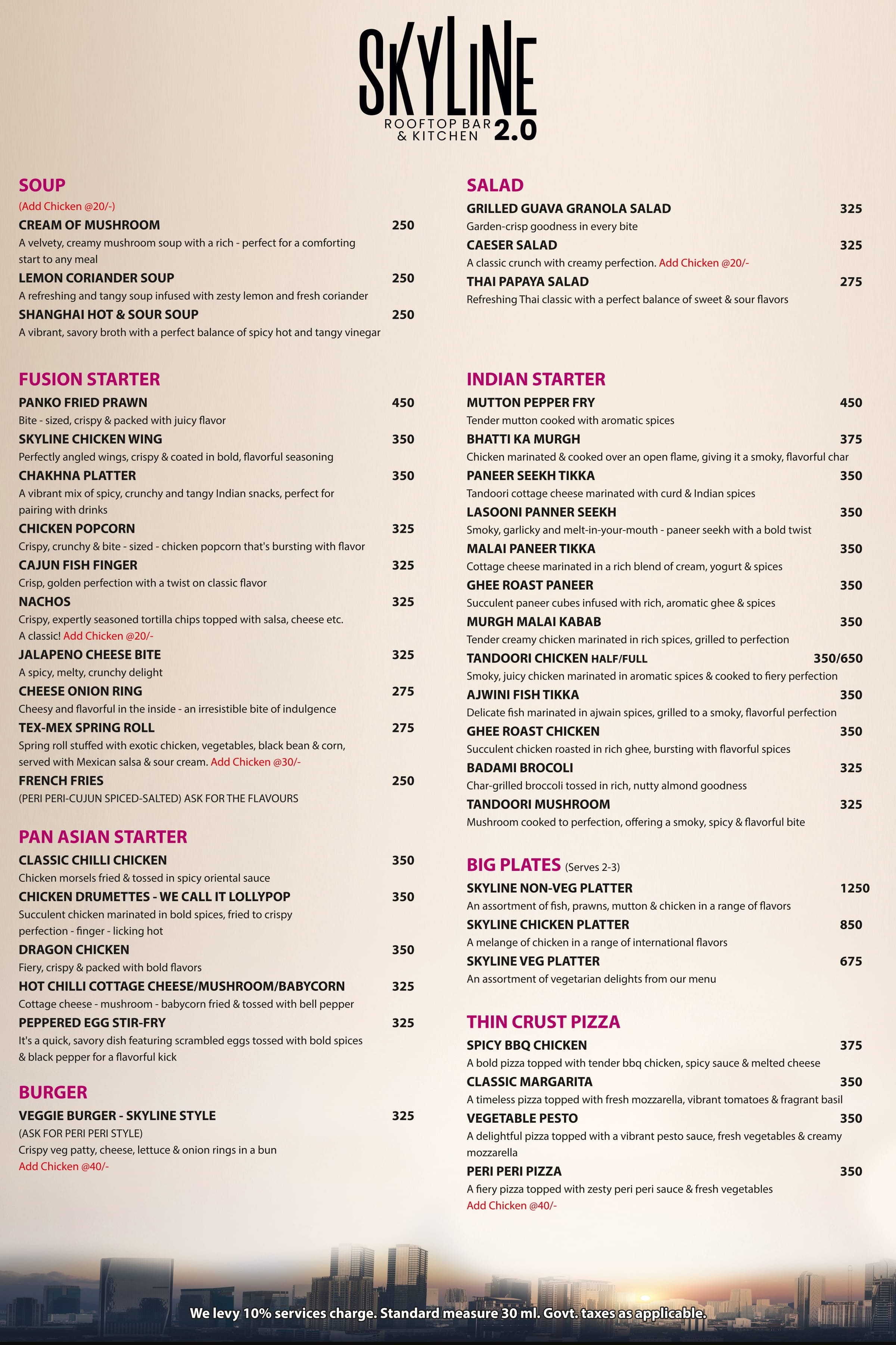 Menu of SkyLine Rooftop Bar & Kitchen, Marathahalli, East Bengaluru