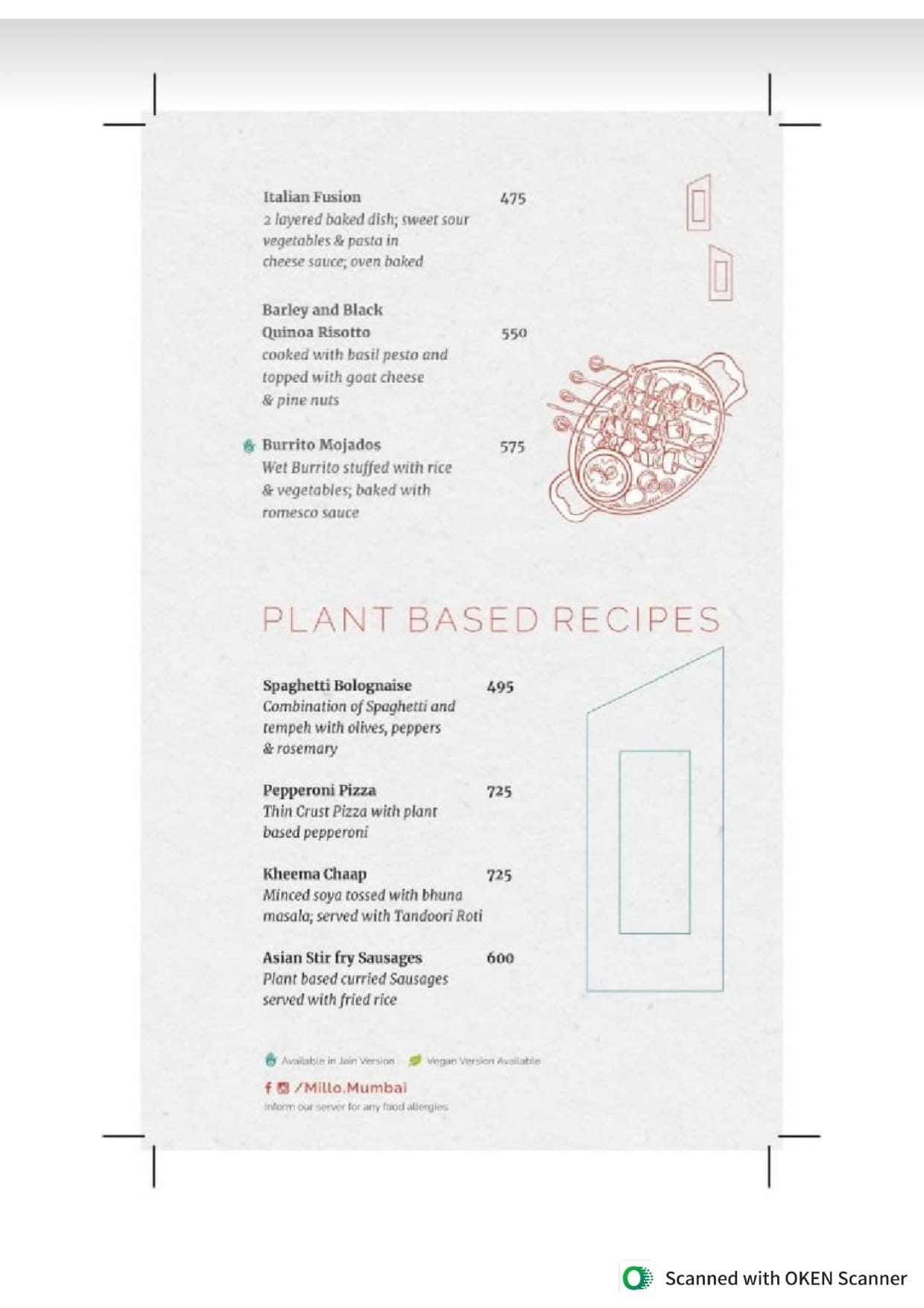 Menu of Millo, Lower Parel, South Mumbai