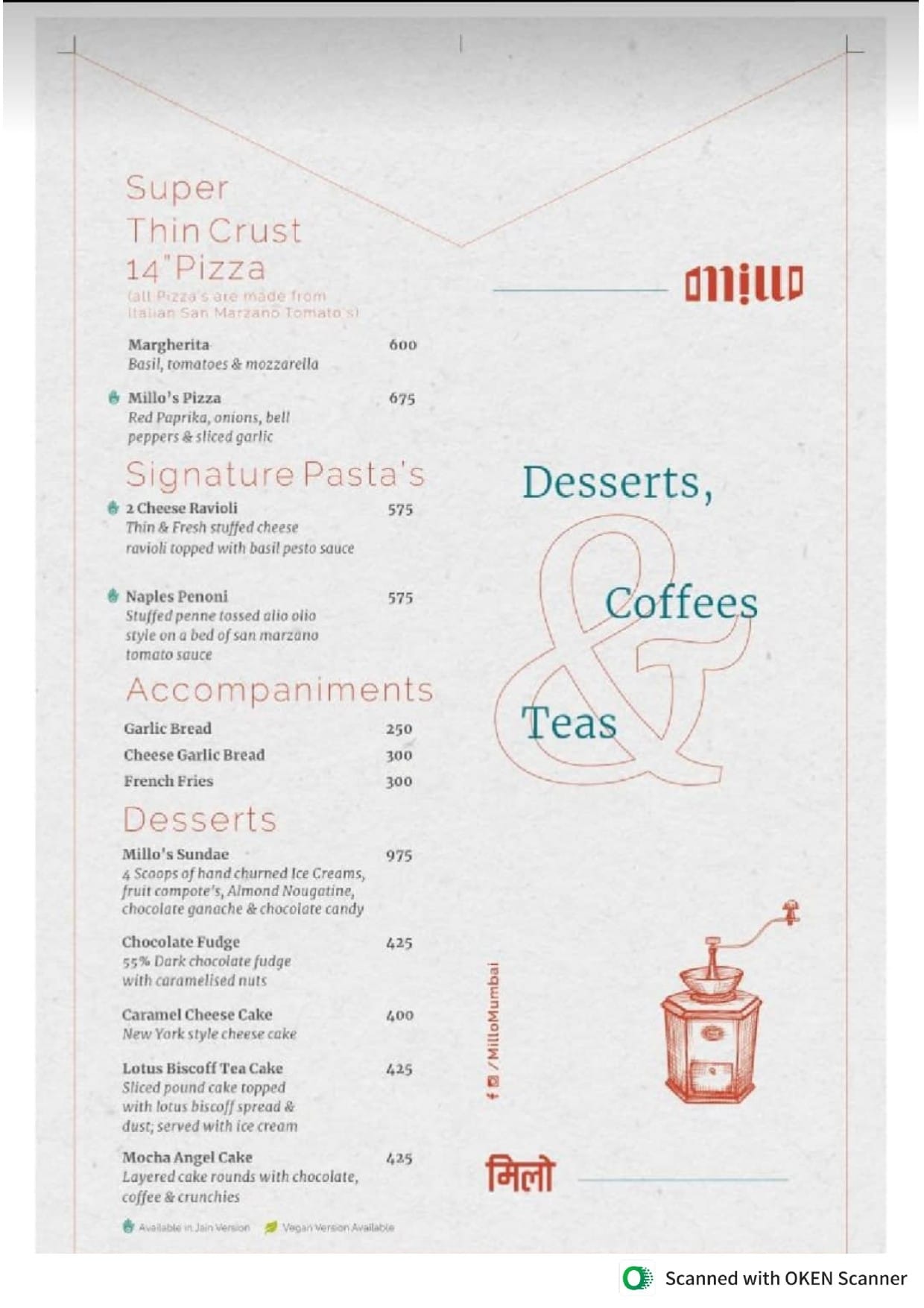 Menu of Millo, Lower Parel, South Mumbai