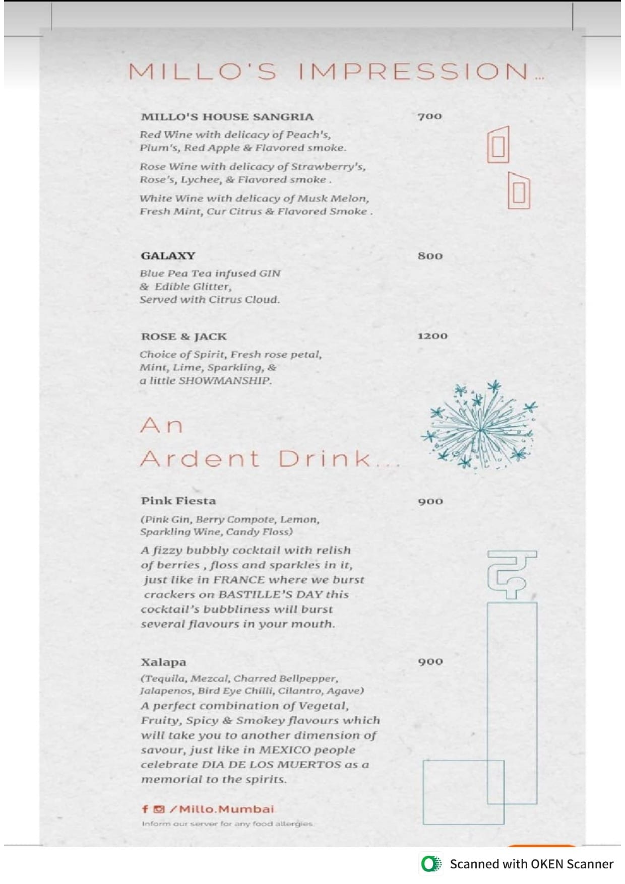 Menu of Millo, Lower Parel, South Mumbai